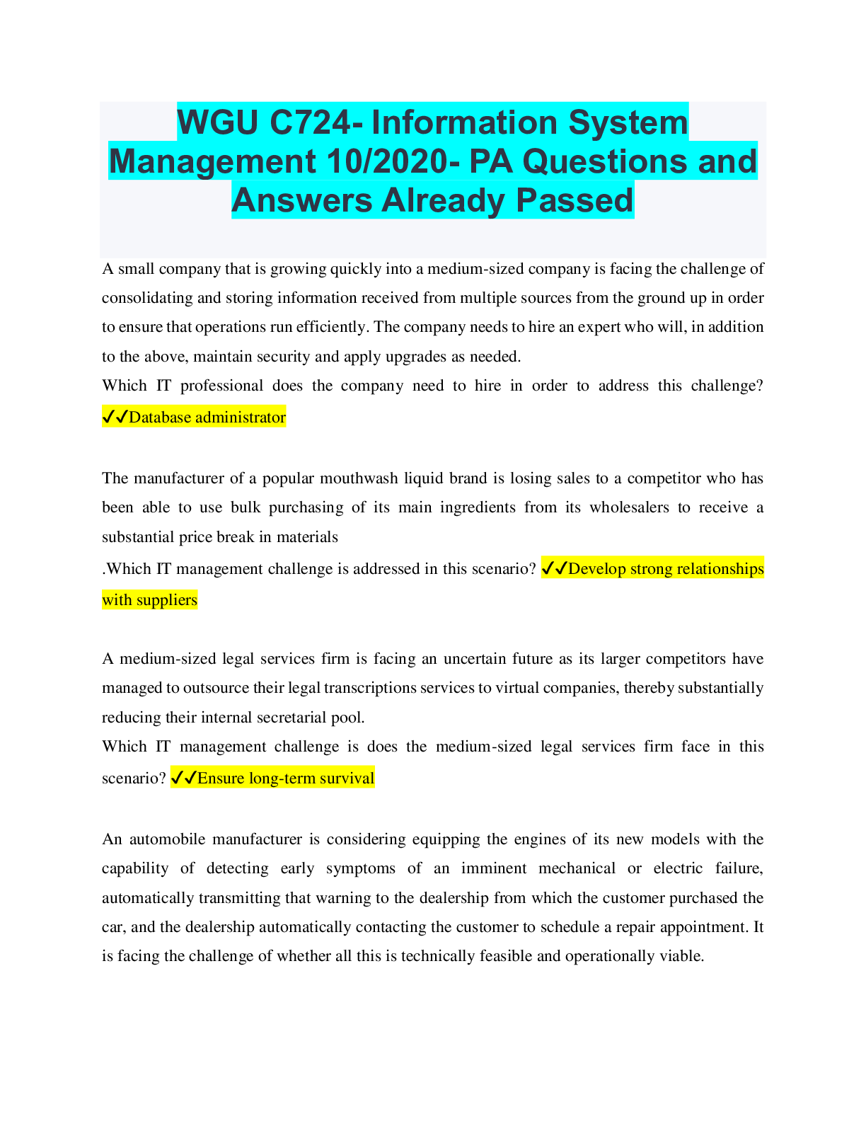 WGU C724- Information System Management 10/2020- PA Questions and ...