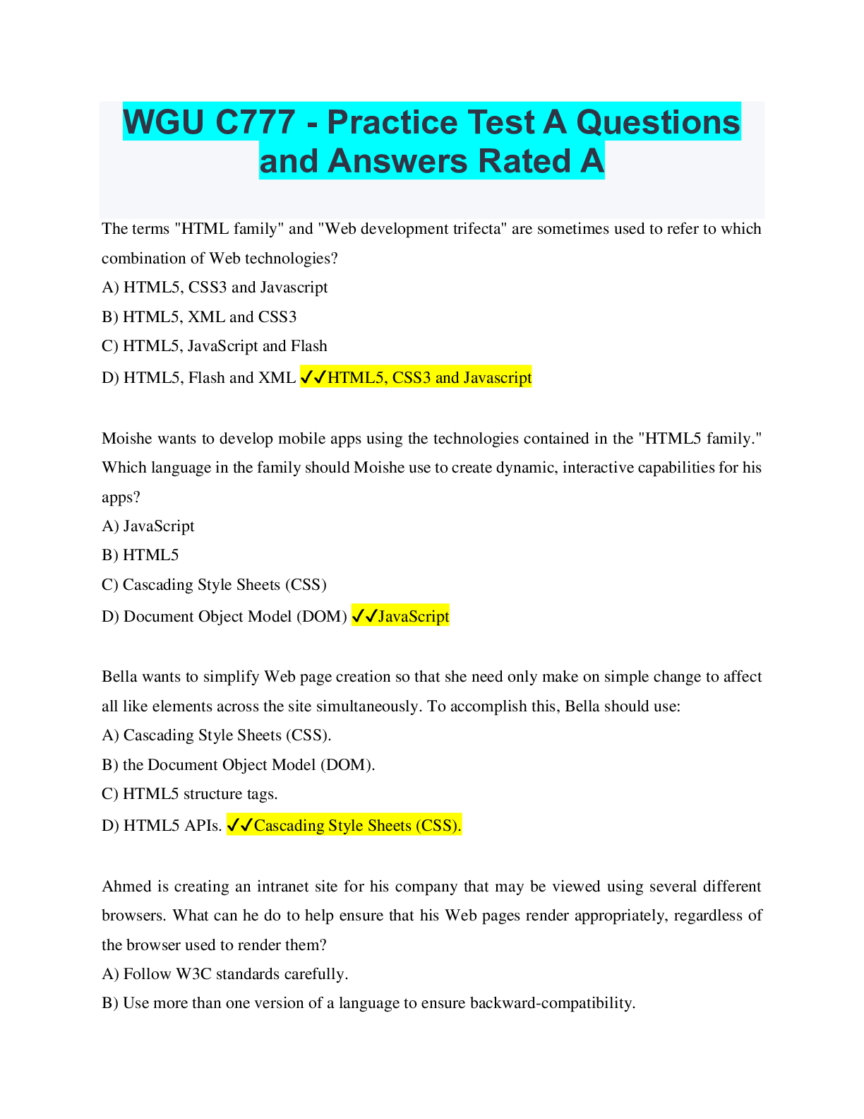 WGU C777 - Practice Test A Questions and Answers Rated A ...
