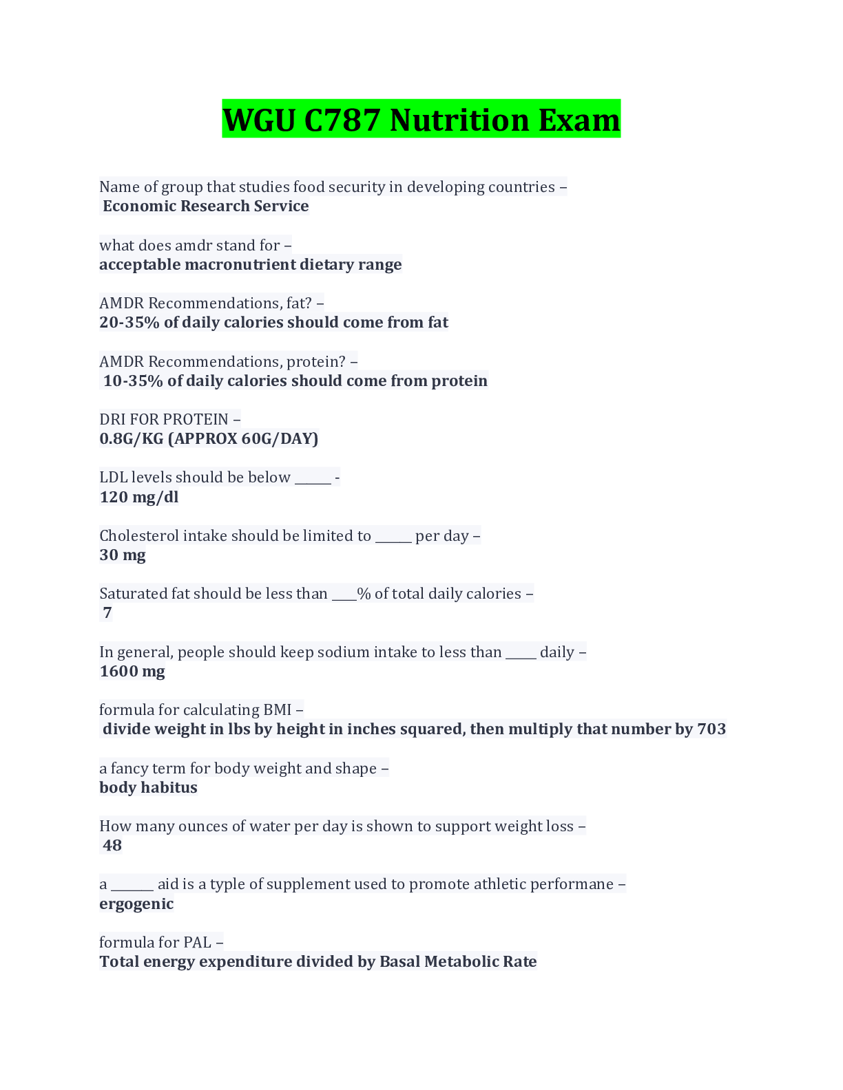 WGU C787 Nutrition Exam Questions And Answers 2022/2023 - Scholarfriends