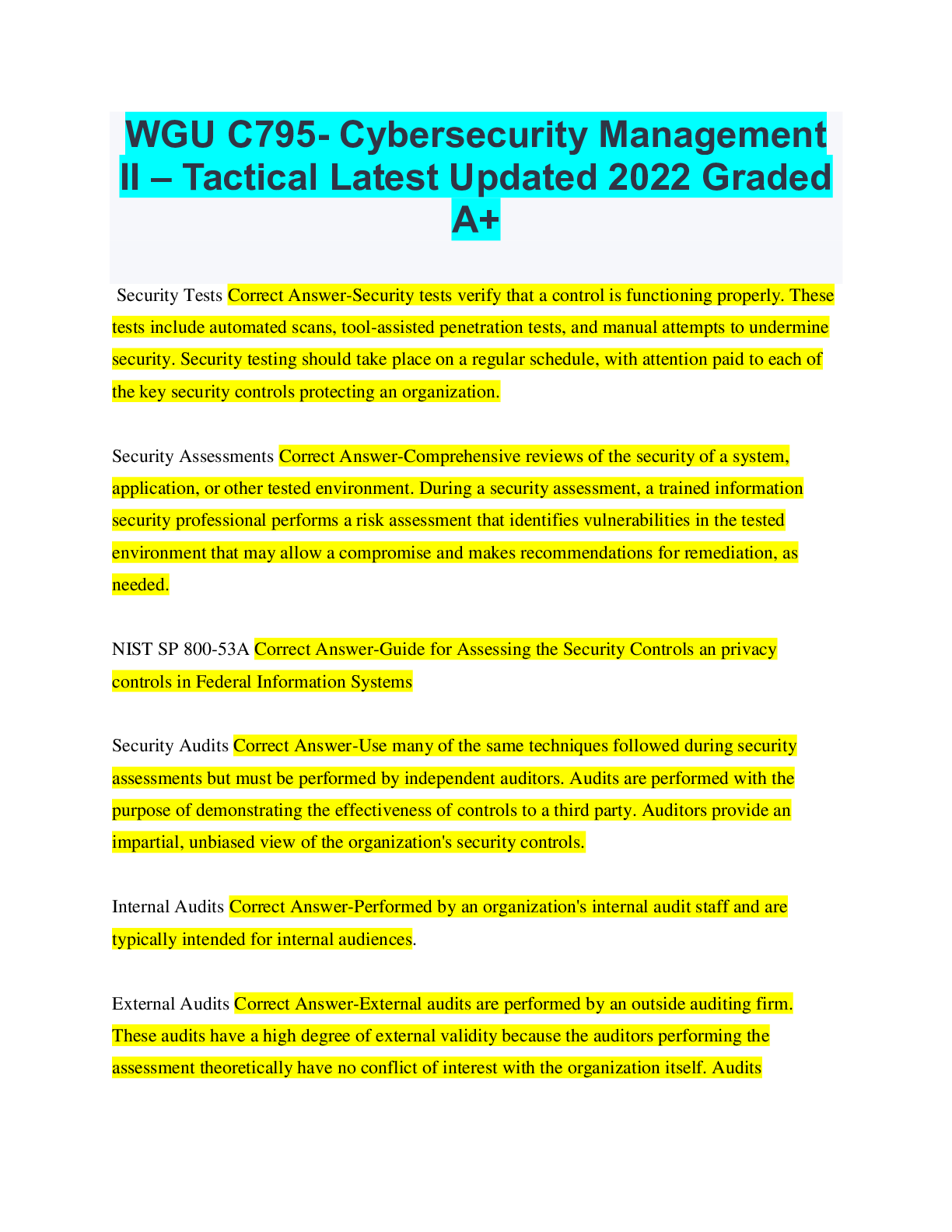 WGU C795- Cybersecurity Management II – Tactical Latest Updated 2022 ...
