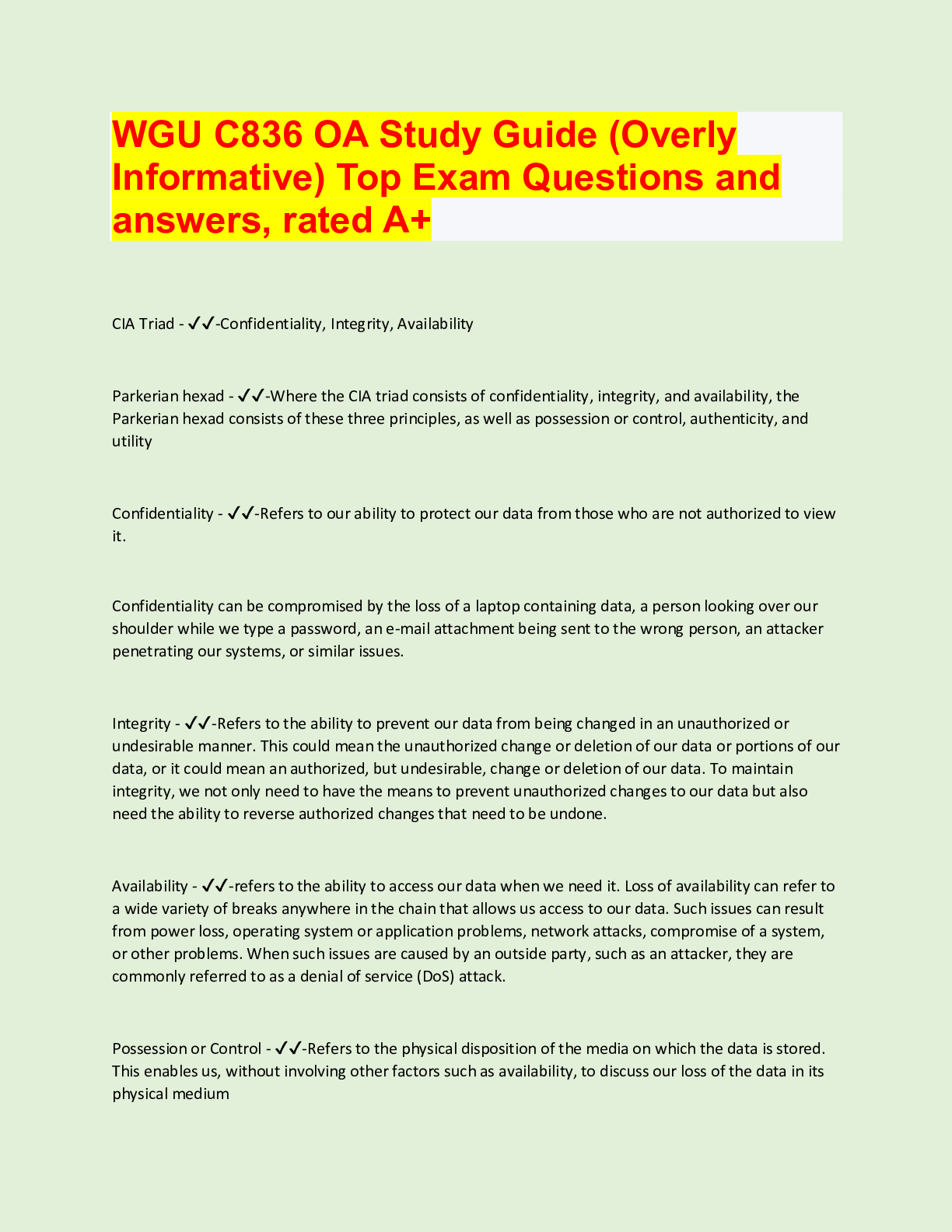 WGU C836 OA Study Guide (Overly Informative) | 140 Questions And ...