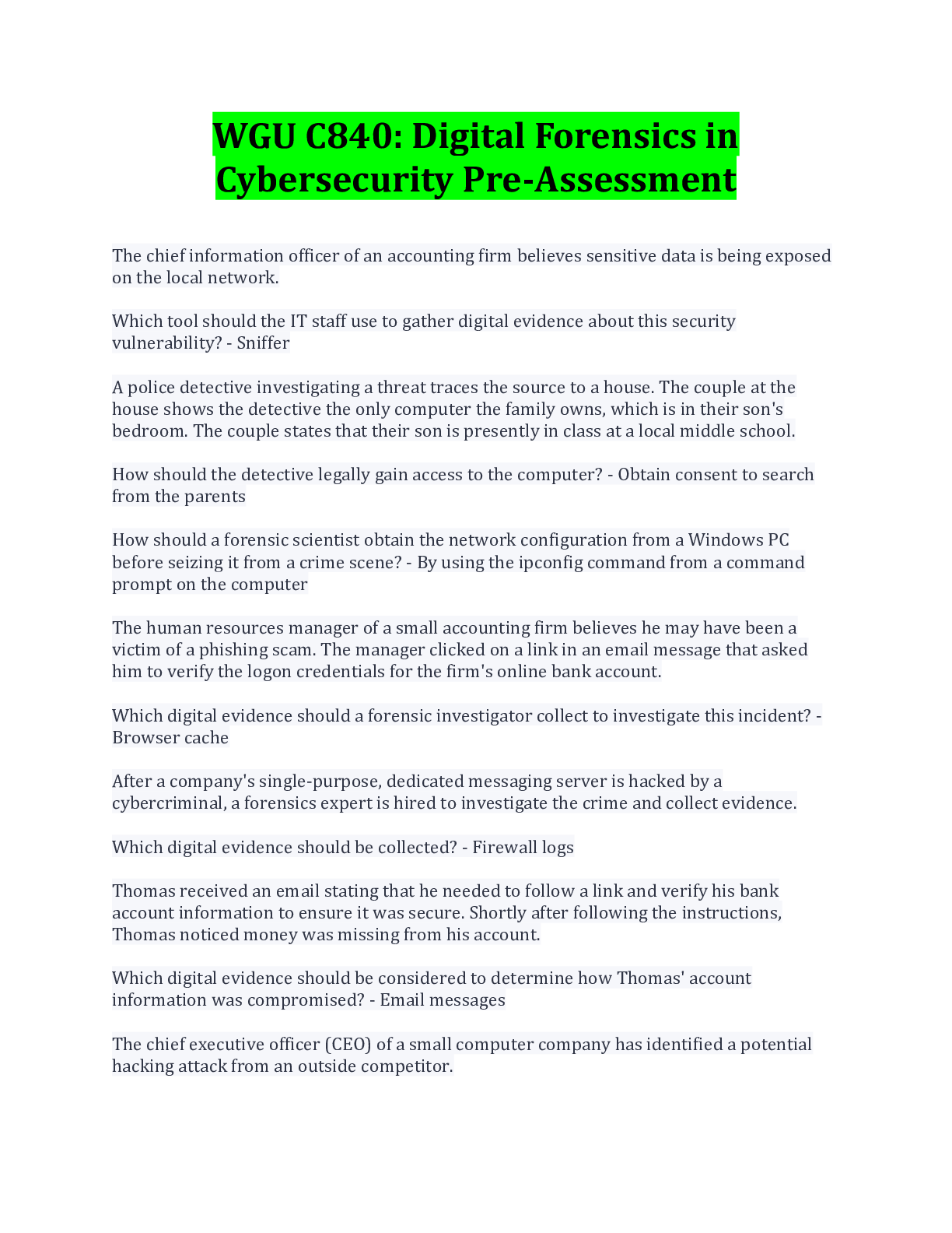 WGU C840: Digital Forensics in Cybersecurity Pre-Assessment Questions ...