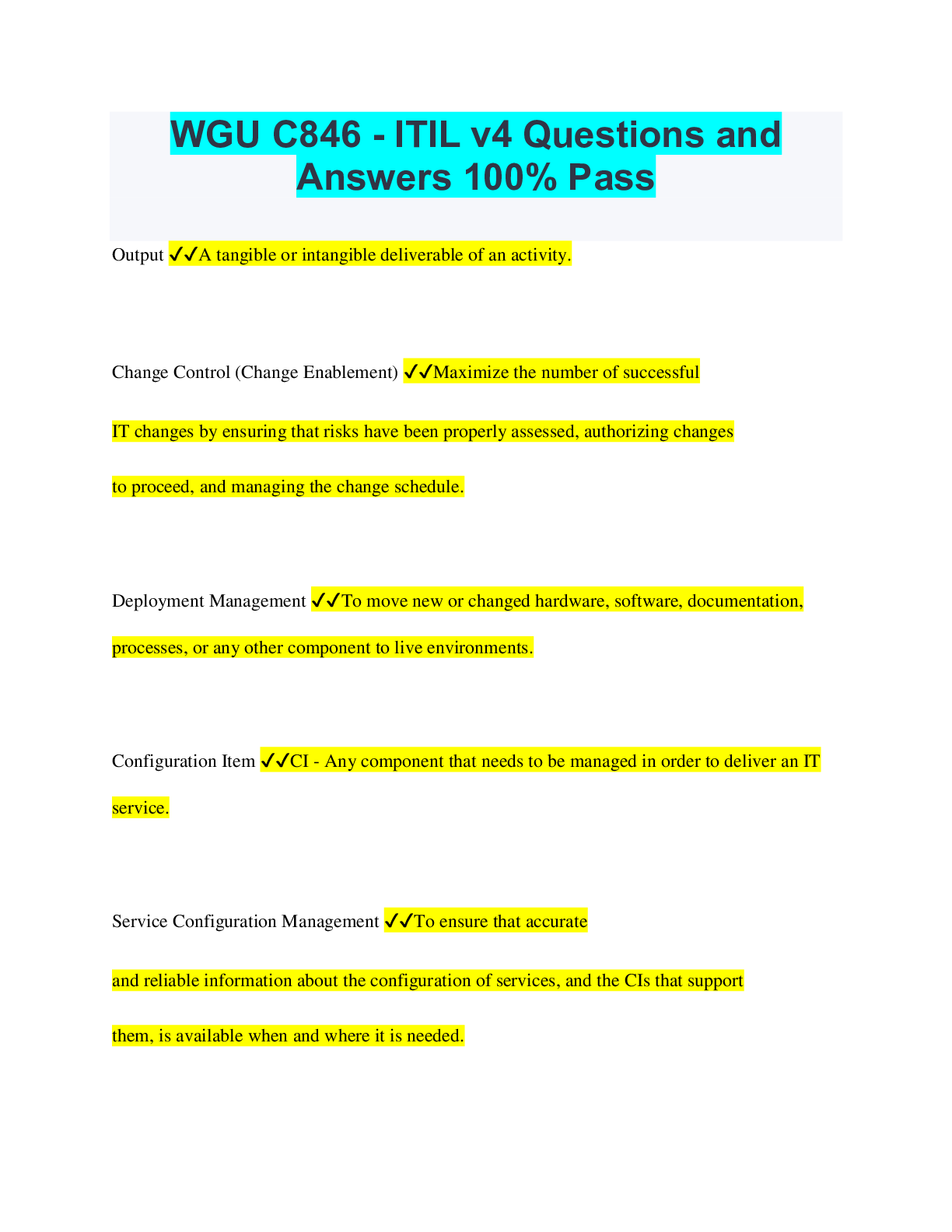 WGU C846 - ITIL v4 Questions and Answers 100% Pass - Scholarfriends