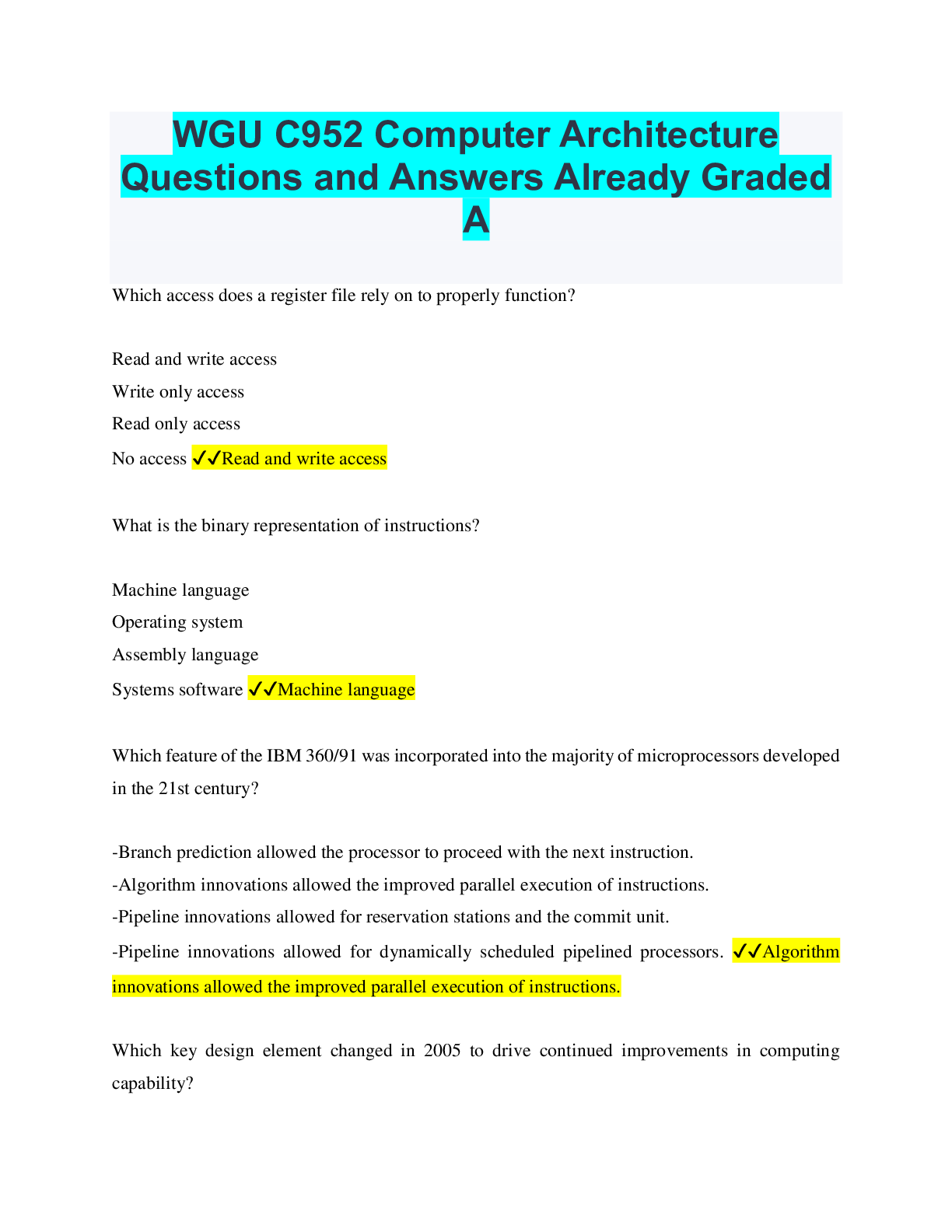 WGU C952 Computer Architecture Questions and Answers Already Graded A ...