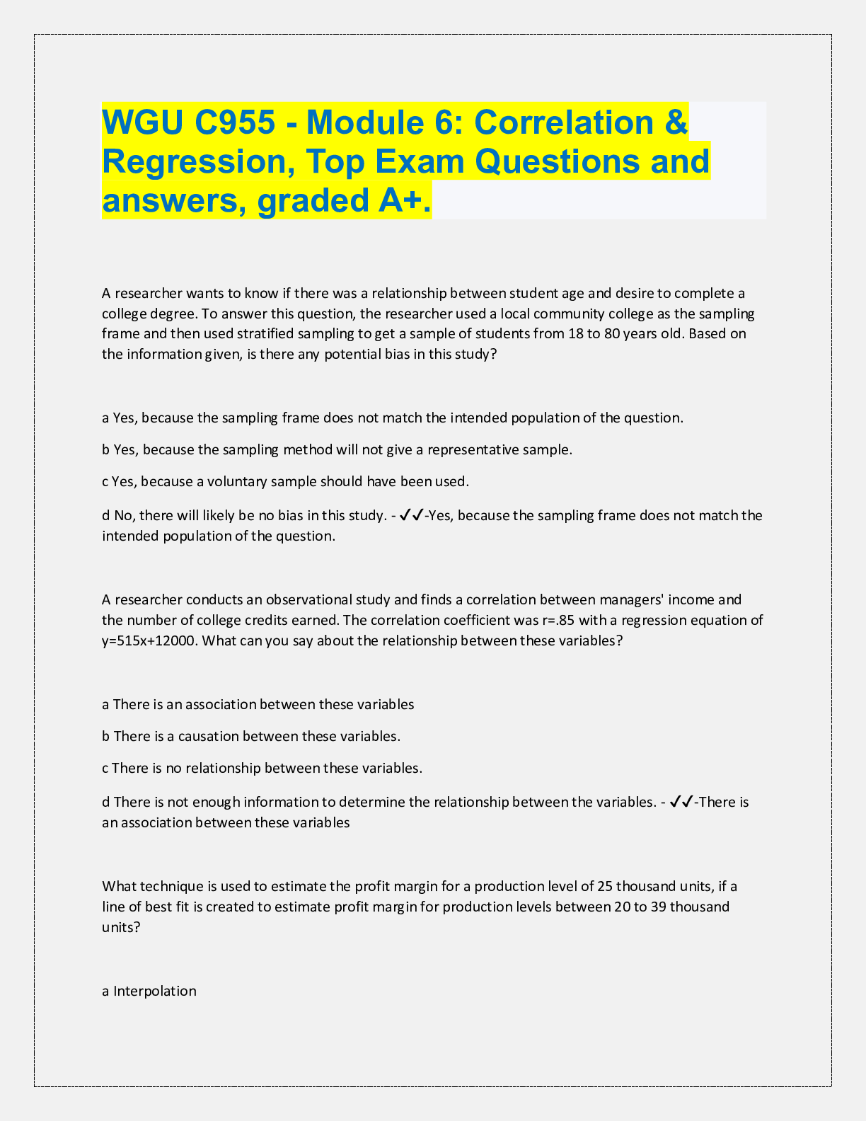 WGU C955 - Module 6: Correlation & Regression, Top Exam Questions and ...