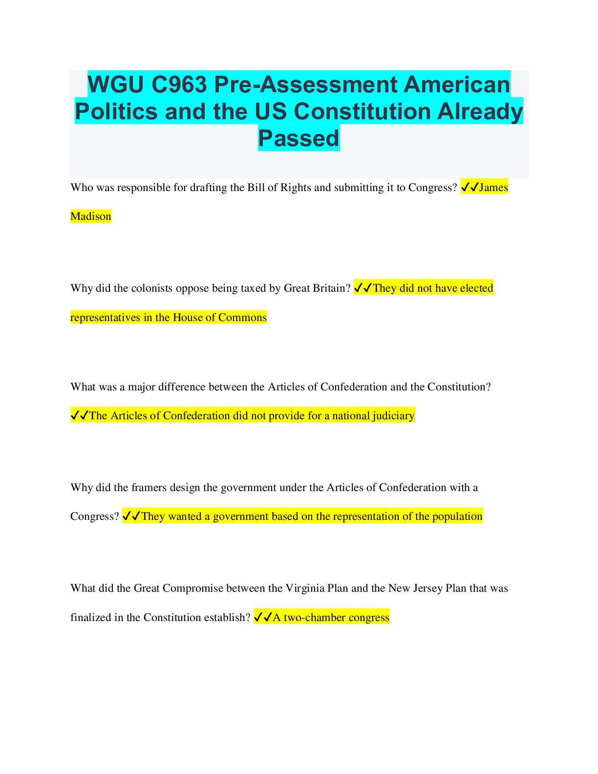 WGU C963 Pre-Assessment American Politics and the US Constitution ...