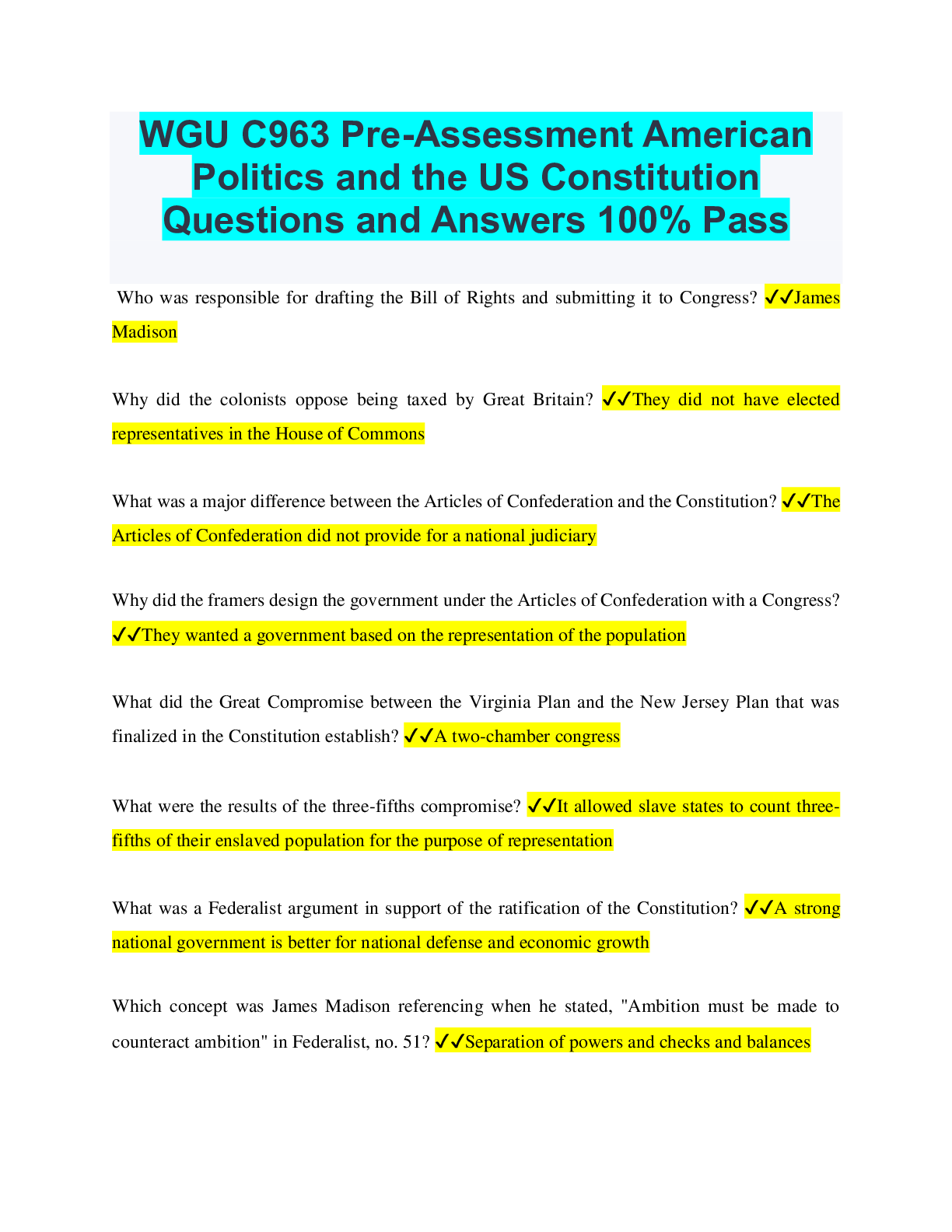 WGU C963 Pre-Assessment American Politics and the US Constitution ...