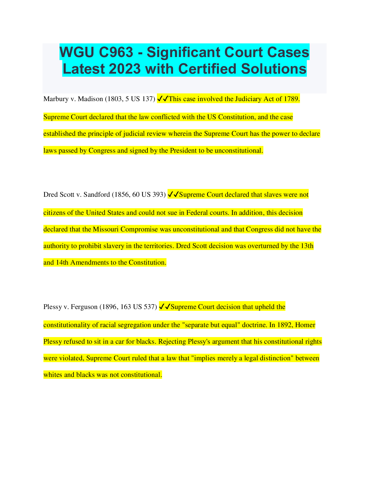WGU C963 - Significant Court Cases Latest 2023 with Certified Solutions ...