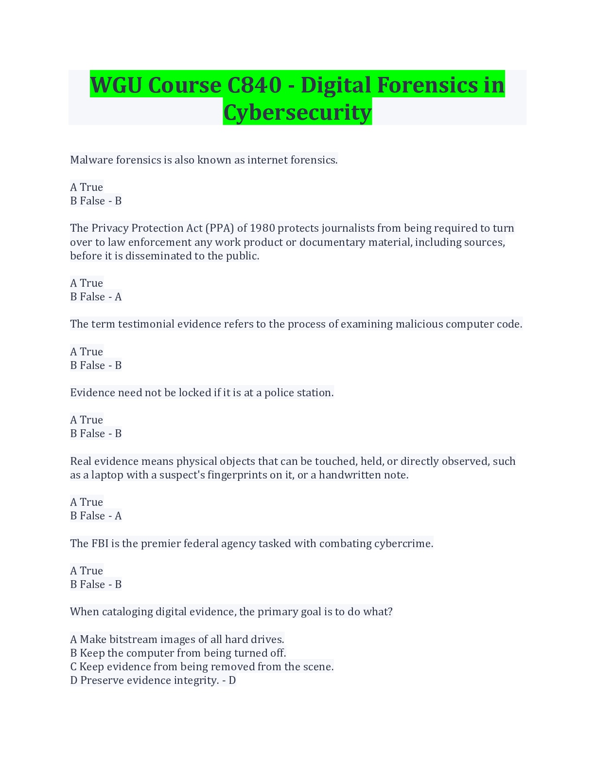 WGU Course C840 - Digital Forensics in Cybersecurity Questions And ...