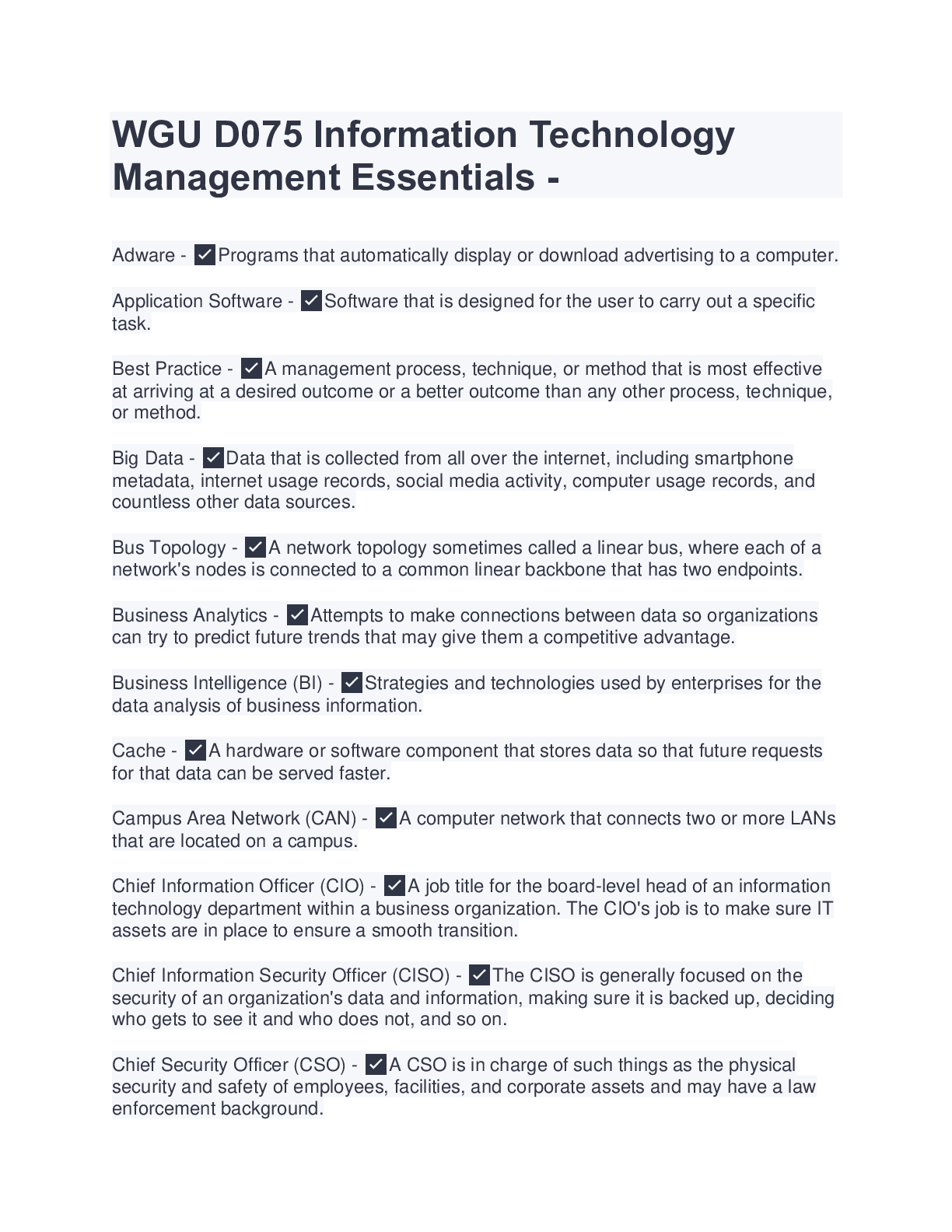 WGU D075 Information Technology Management Essentials - (Latest 2022/ ...