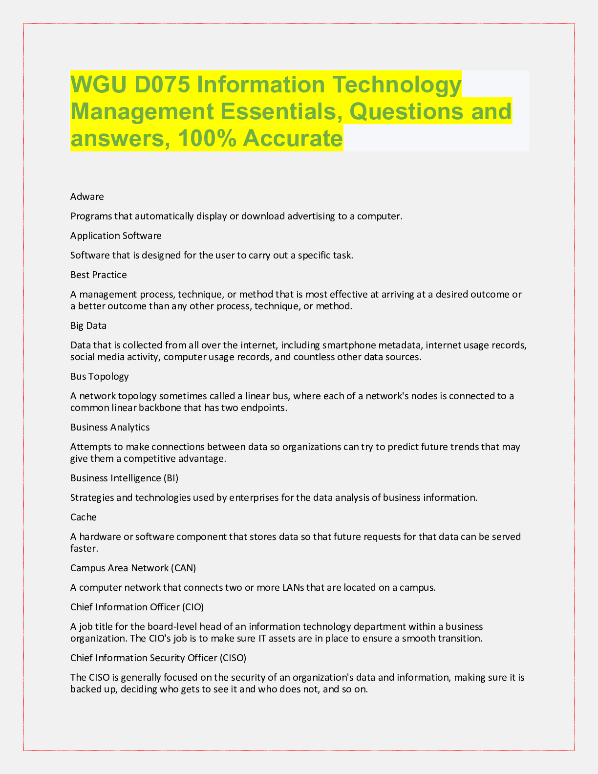 WGU D075 Information Technology Management Essentials (Latest 2022/2023 ...