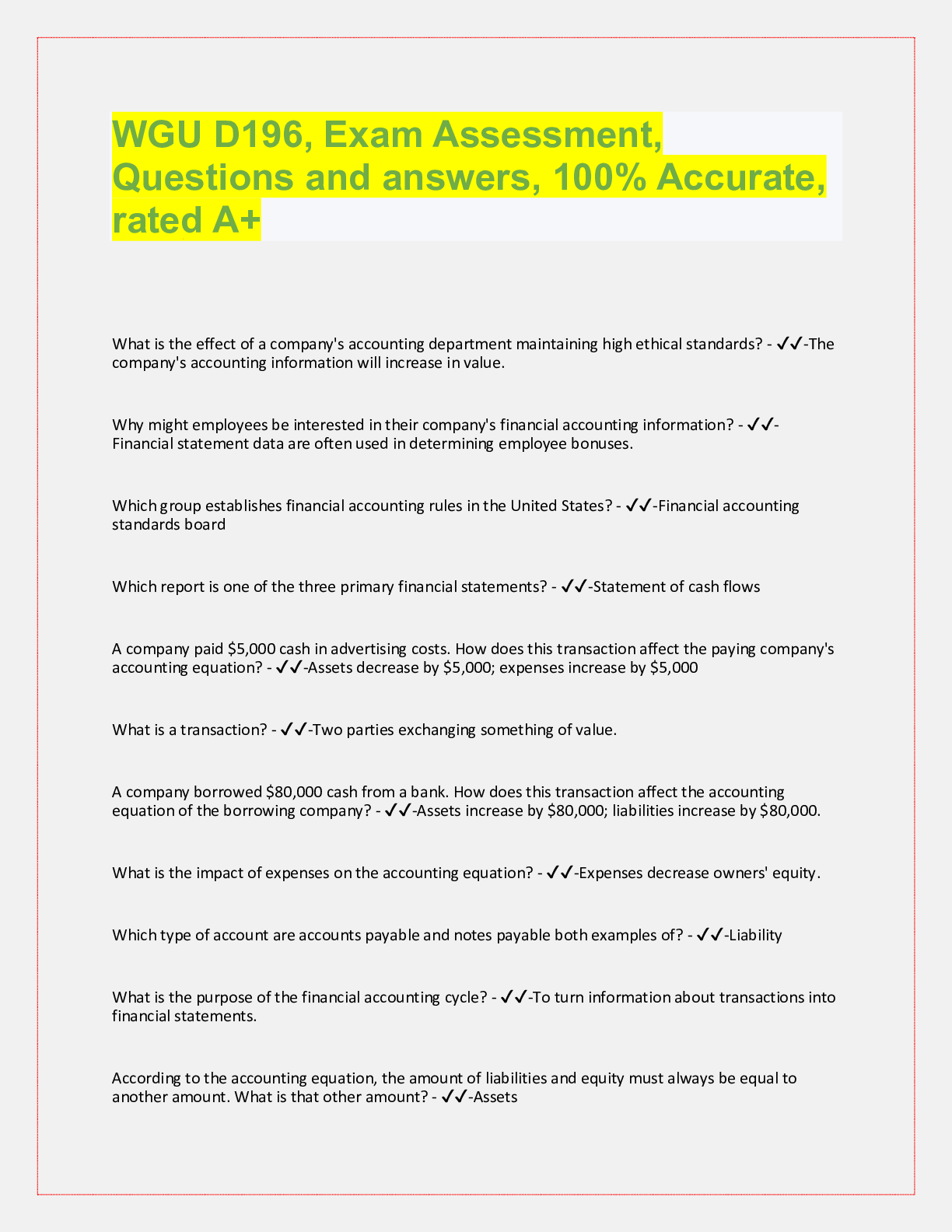 WGU D196, Exam Assessment, Questions and answers, 100% Accurate, rated ...