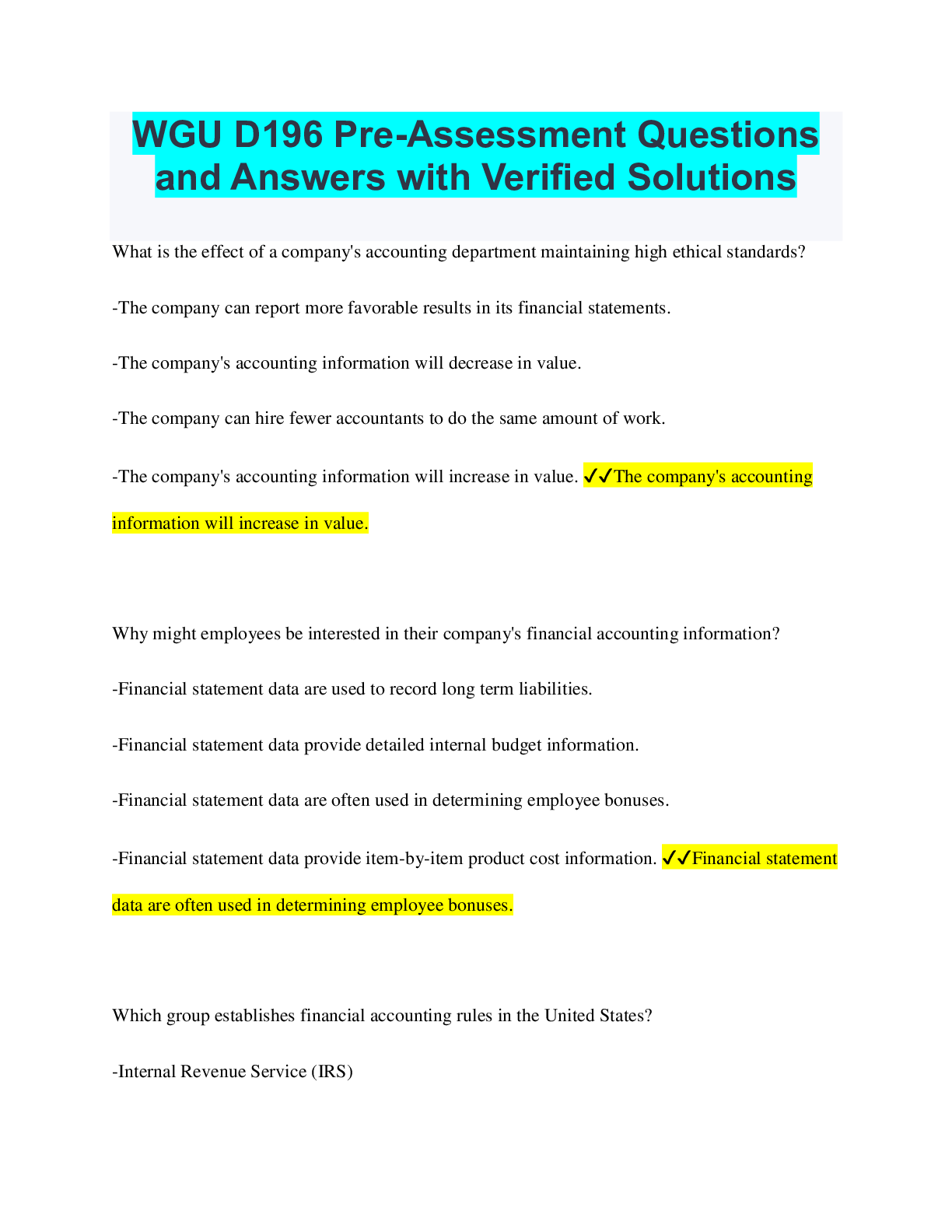WGU D196 Pre-Assessment Questions and Answers with Verified Solutions ...