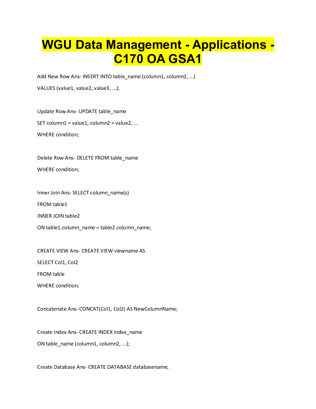 WGU Data Management - Applications - C170 OA GSA1 - Scholarfriends