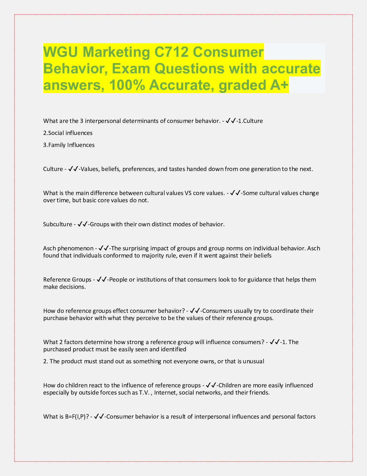 WGU Marketing C712 Consumer Behavior, Exam Questions with accurate ...