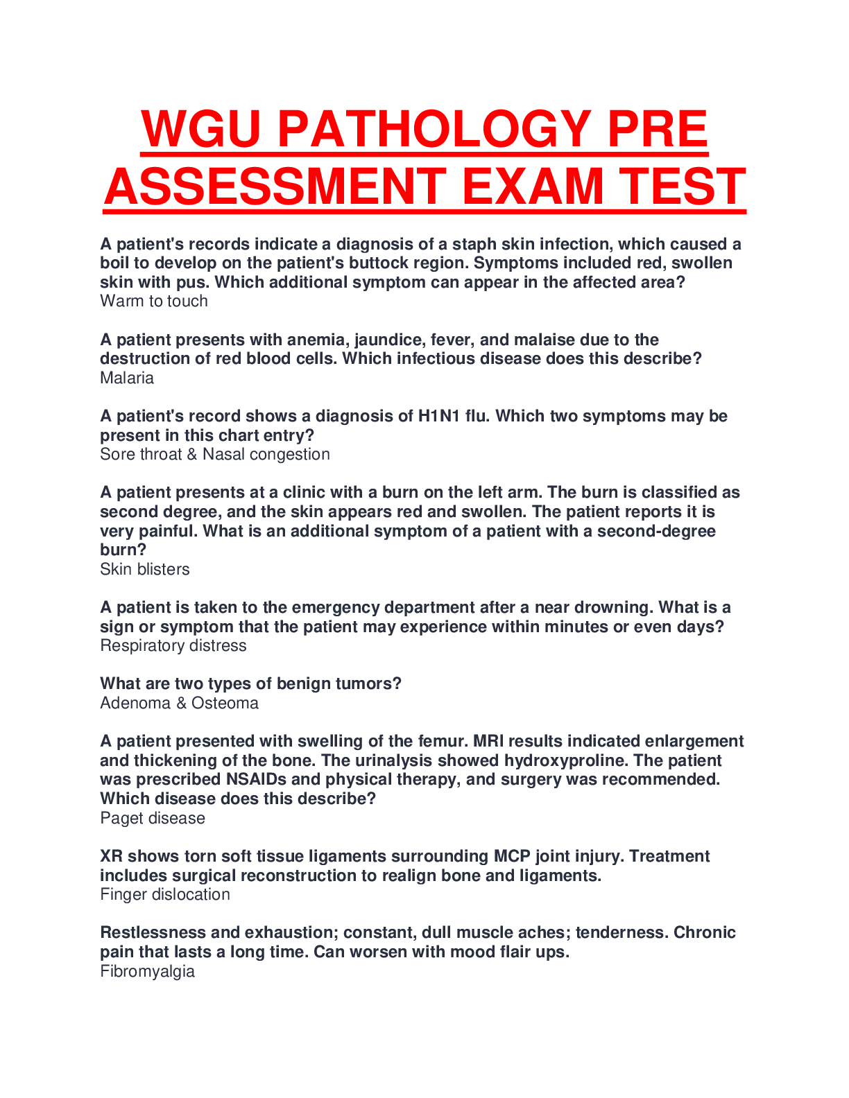 WGU PATHOLOGY PRE ASSESSMENT ACTUAL EXAM TEST WITH COMPLETE QUESTIONS ...