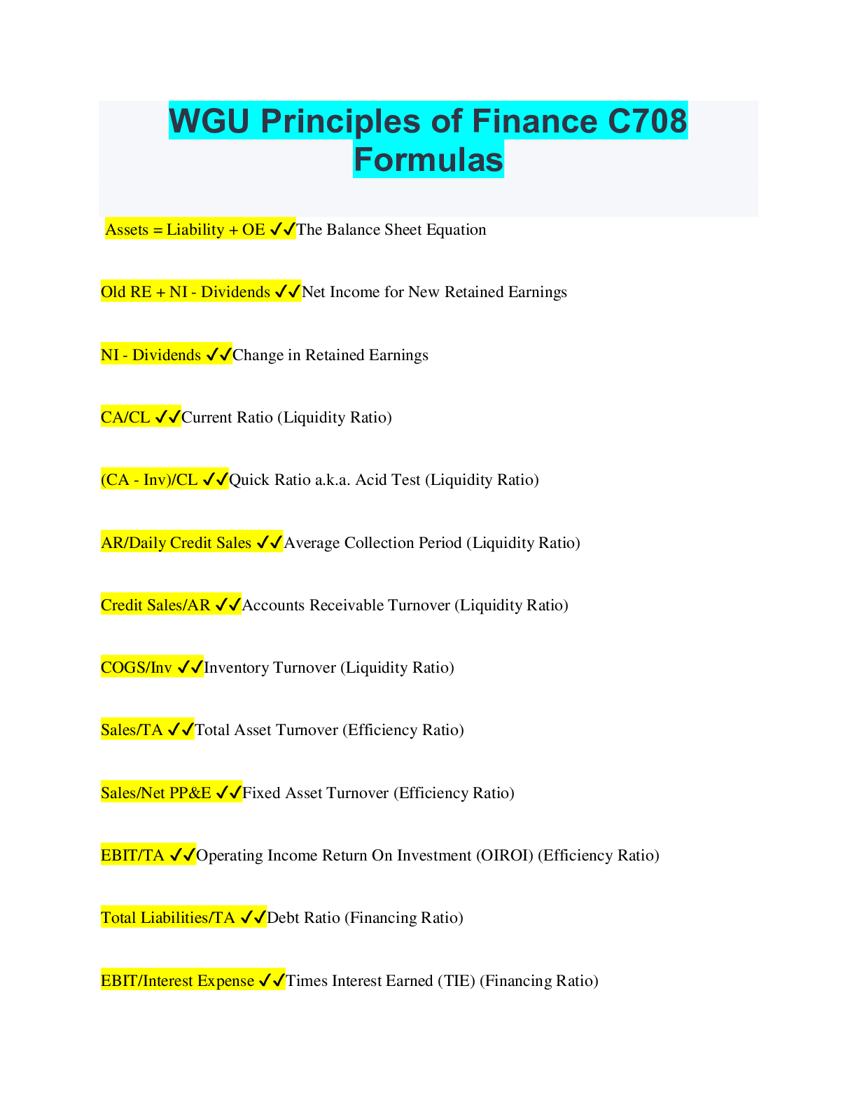 WGU Principles of Finance C708 Formulas - Scholarfriends