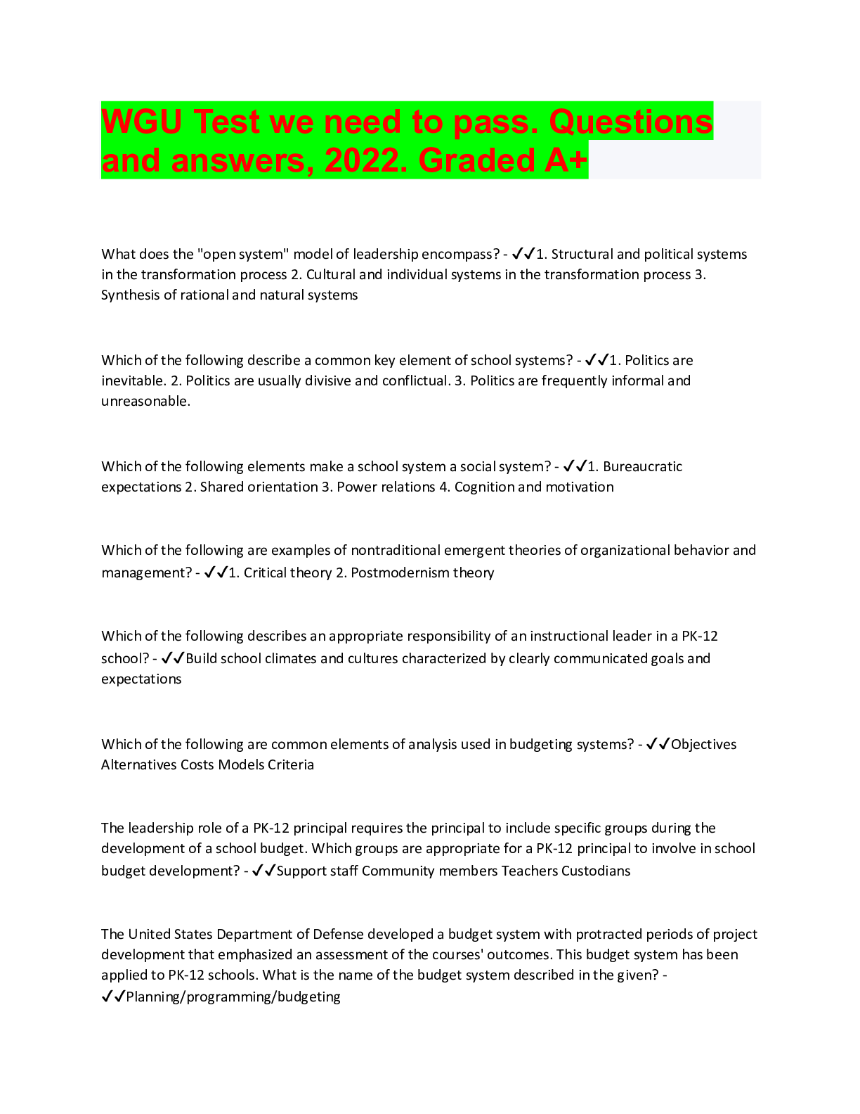 WGU Test we need to pass. Questions and answers, 2022. Graded A+ ...