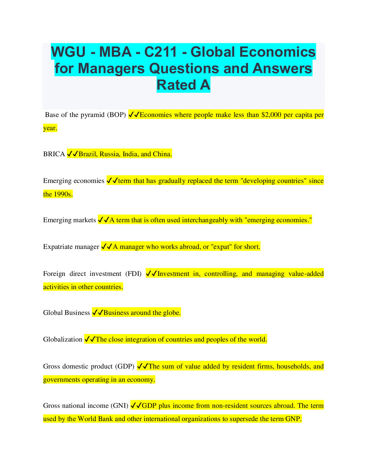 WGU - MBA - C211 - Global Economics for Managers Questions and Answers ...