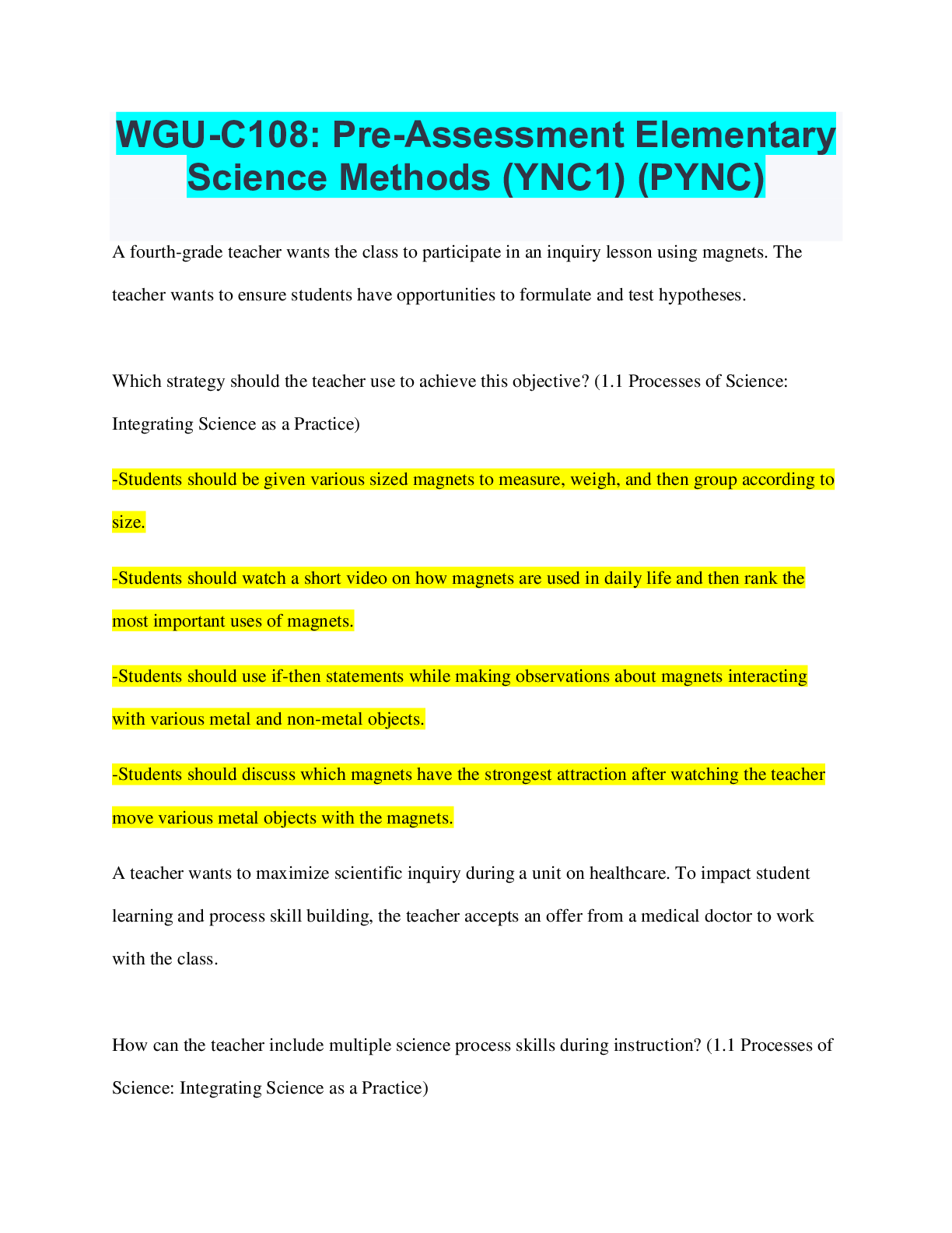 WGU-C108: Pre-Assessment Elementary Science Methods (YNC1) (PYNC ...
