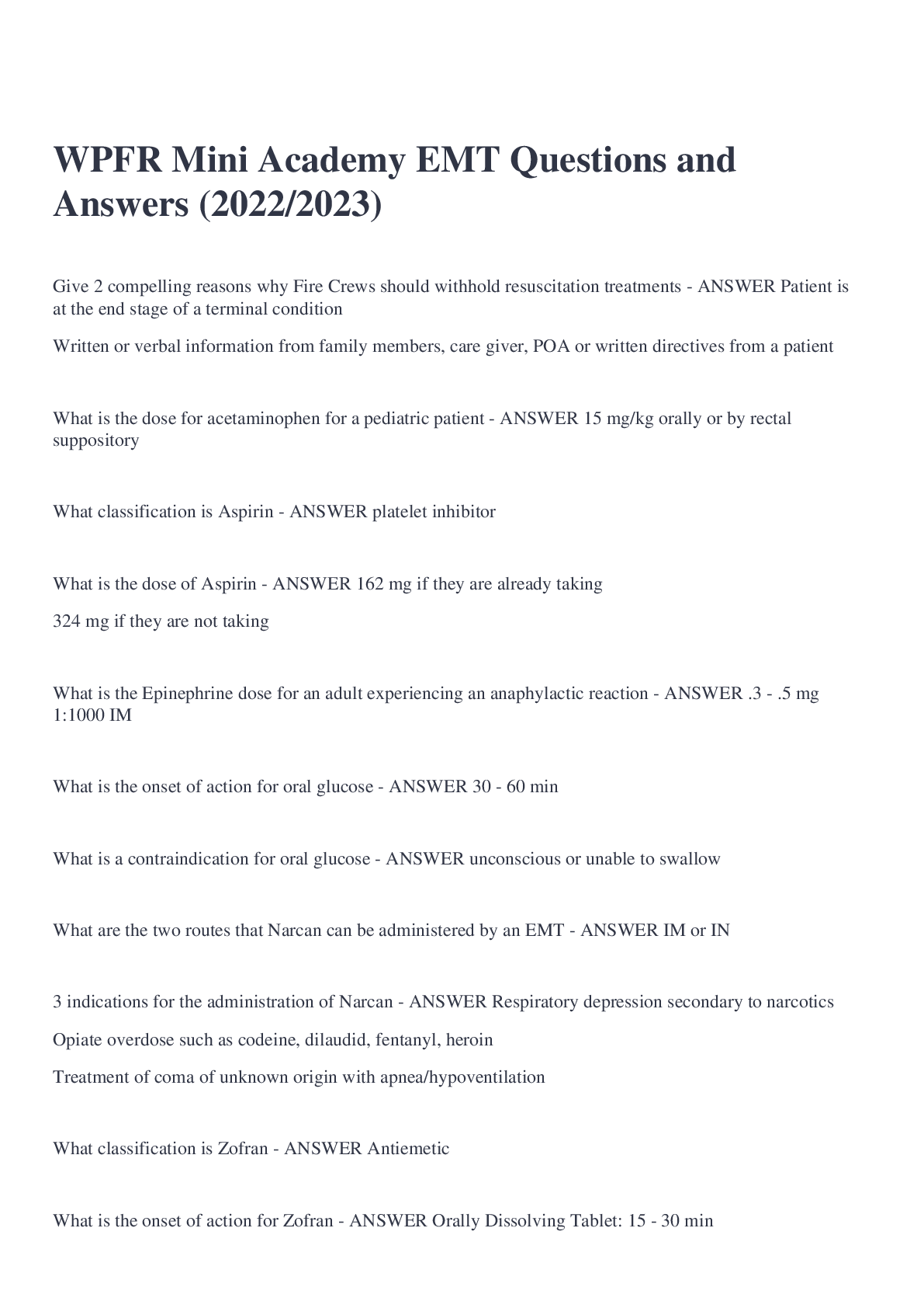 WPFR Mini Academy EMT Questions and Answers (2022/2023) - Scholarfriends