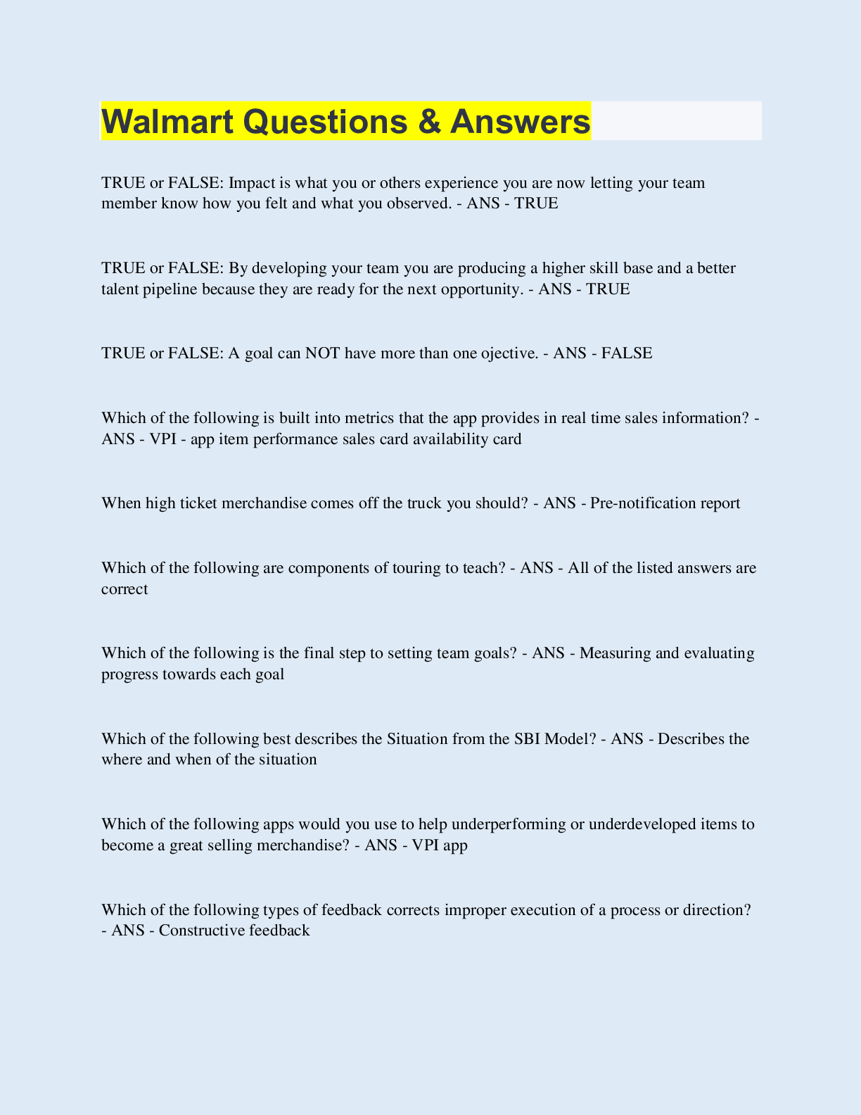 Walmart Questions & Answers | with 100% Correct Answers | Updated ...