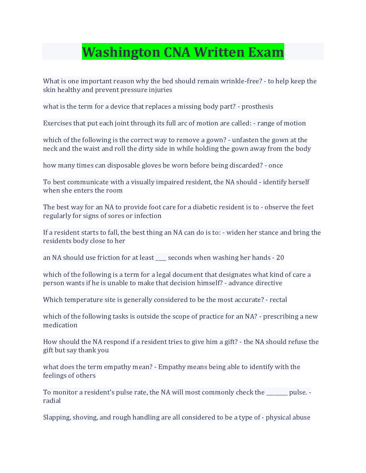 Washington CNA Written Exam Questions And Answers( With Complete Top ...