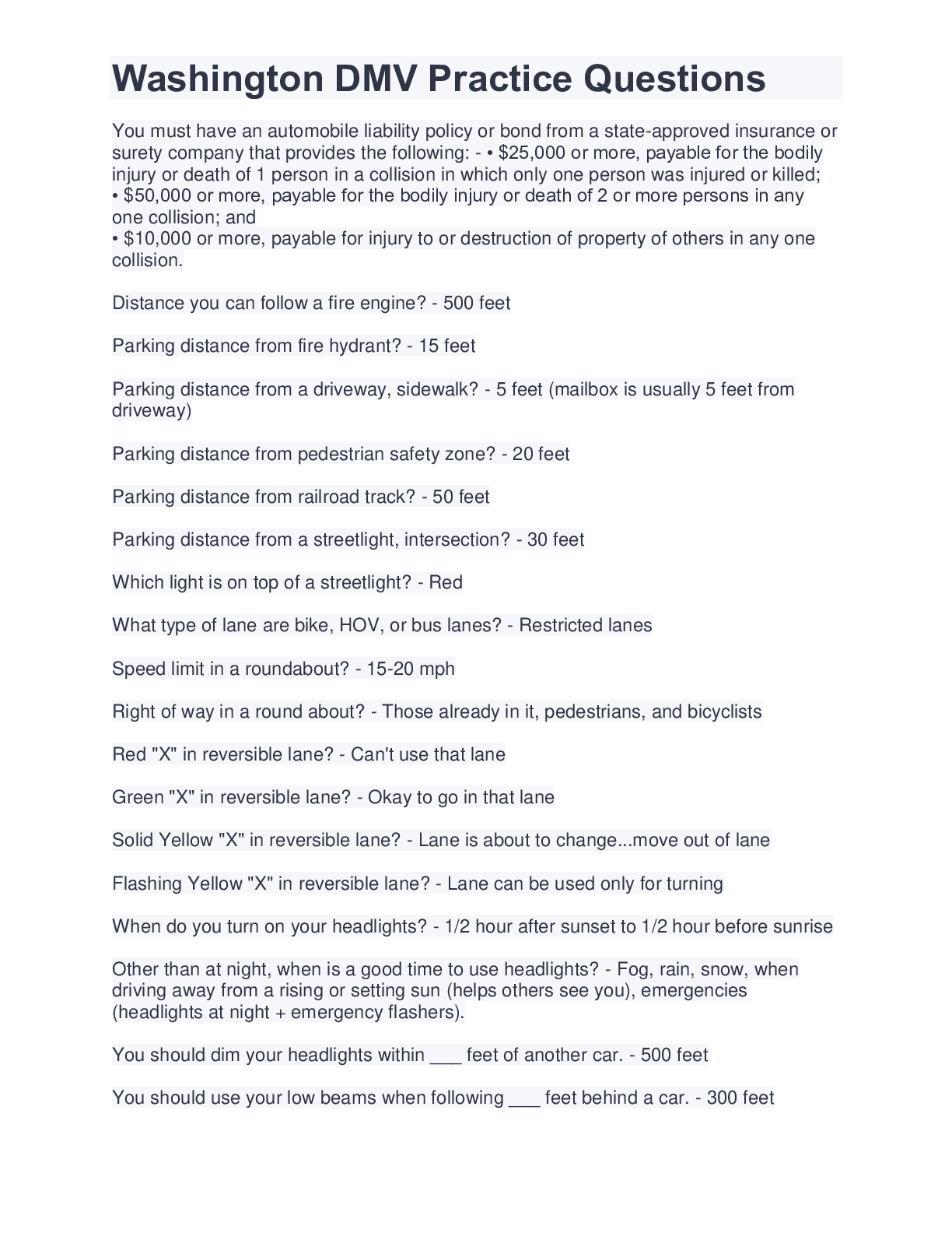 Washington DMV Practice Questions - Scholarfriends