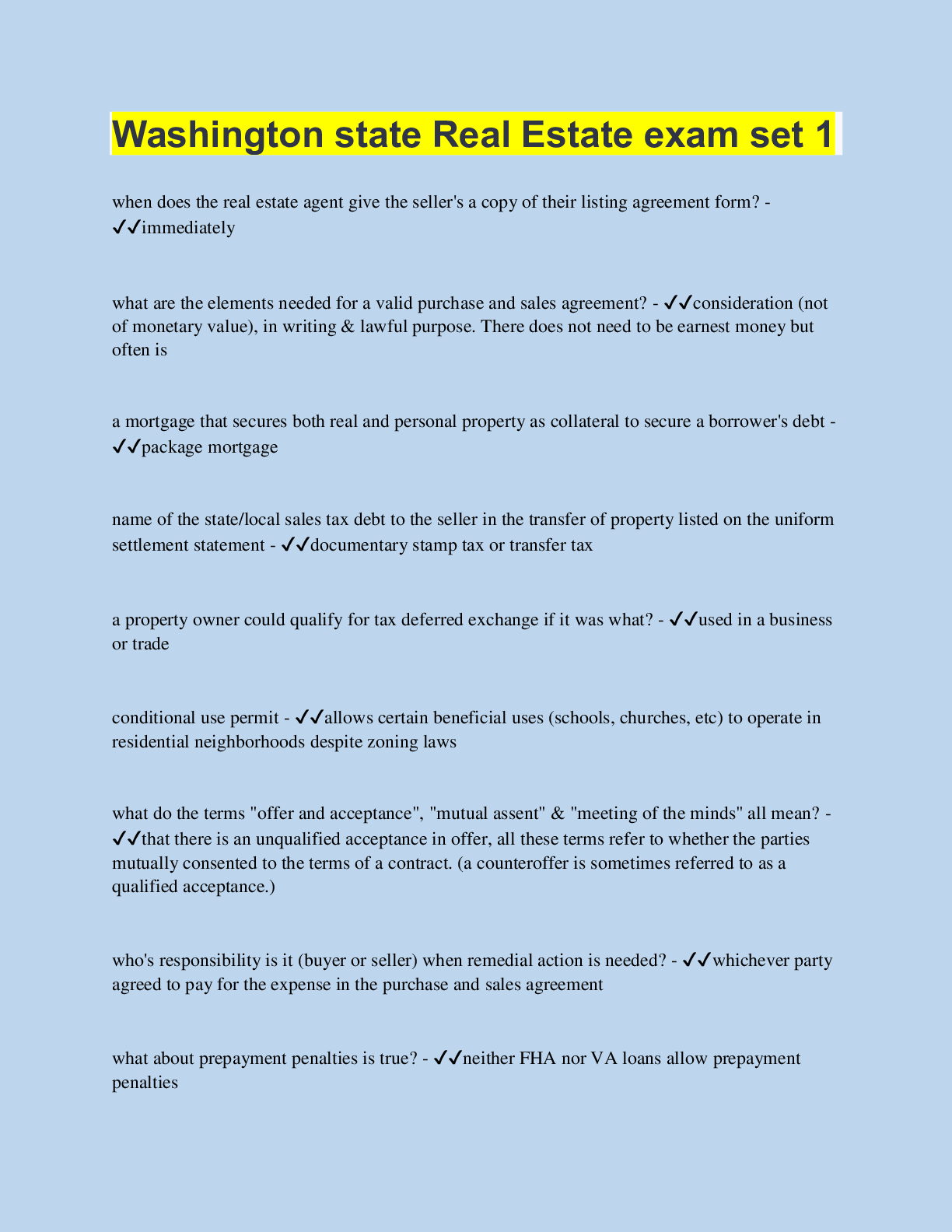 Washington state Real Estate exam set 1 | 100 Questions with 100% ...
