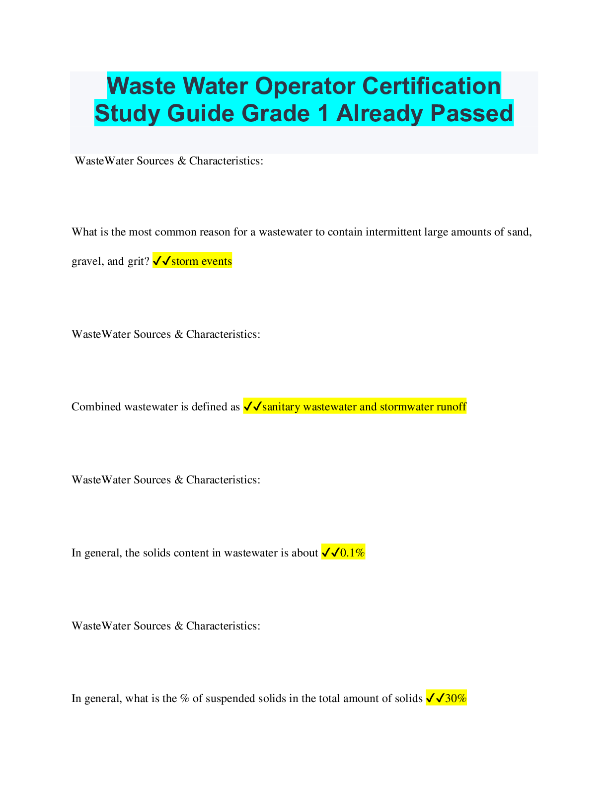 Waste Water Operator Certification Study Guide Grade 1 Already Passed ...