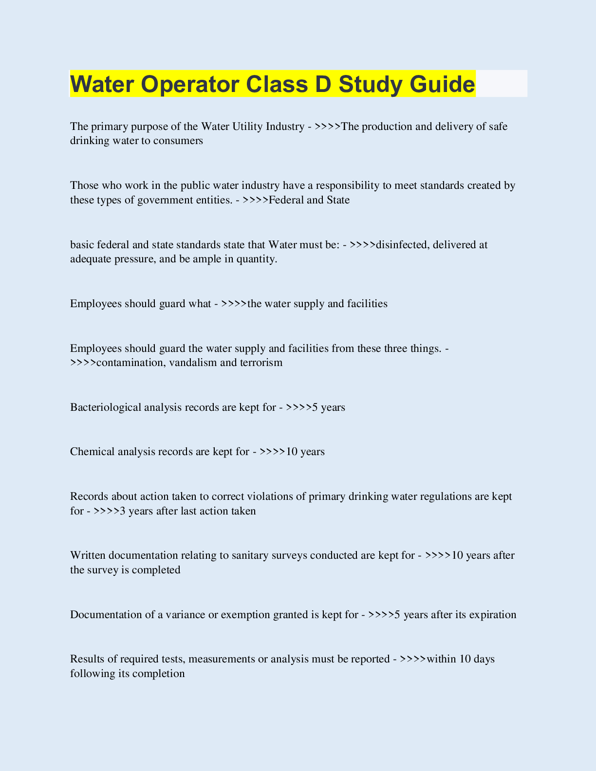 Water Operator Class D Study Guide | 930 Questions with 100% Correct ...