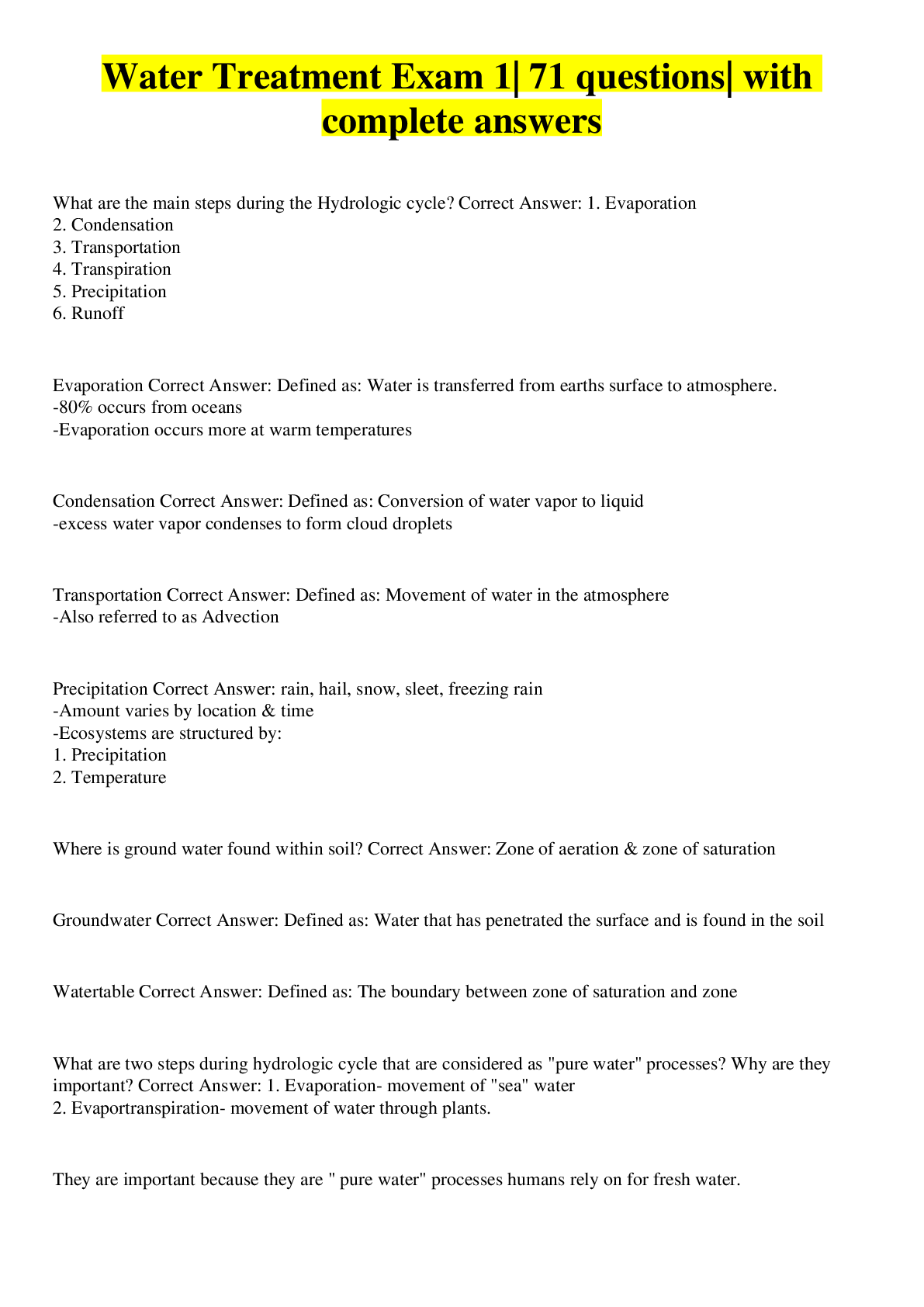 Water Treatment Exam 1| 71 questions| with complete answers ...