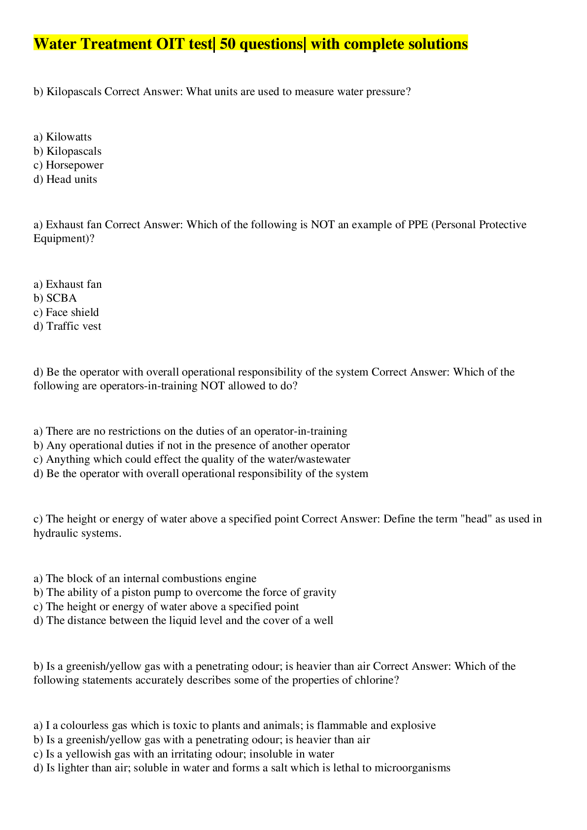 Water Treatment OIT test| 50 questions| with complete solutions ...