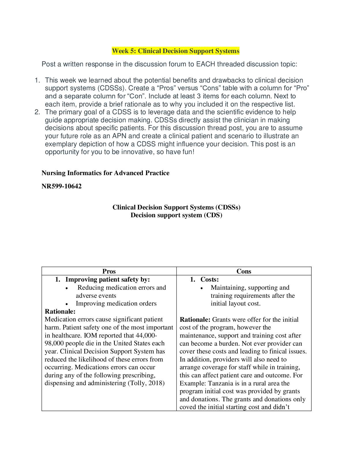 NR 599 Week 5: Clinical Decision Support Systems – Scholarfriends ...