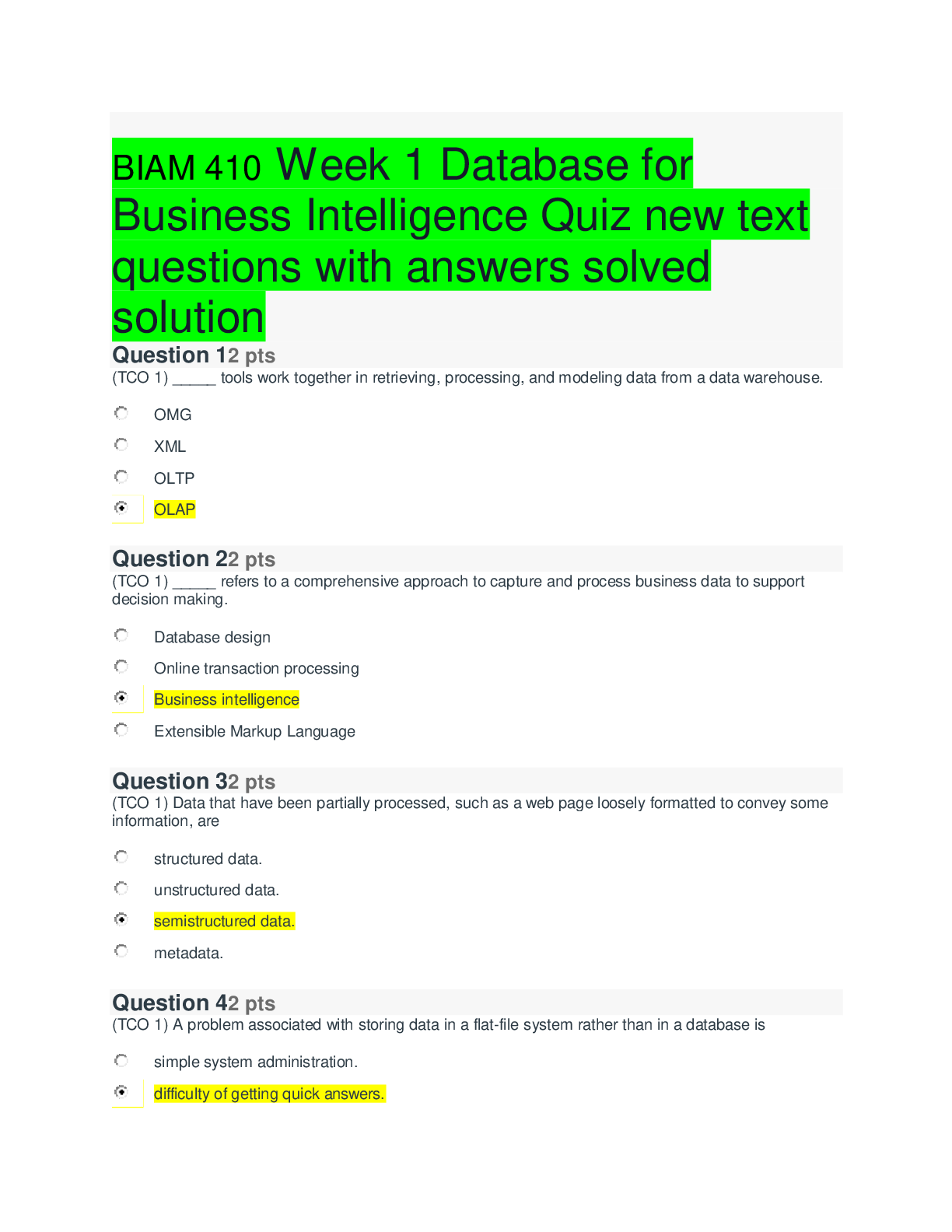 BIAM 410 Week 1 Database for Business Intelligence Quiz new text ...