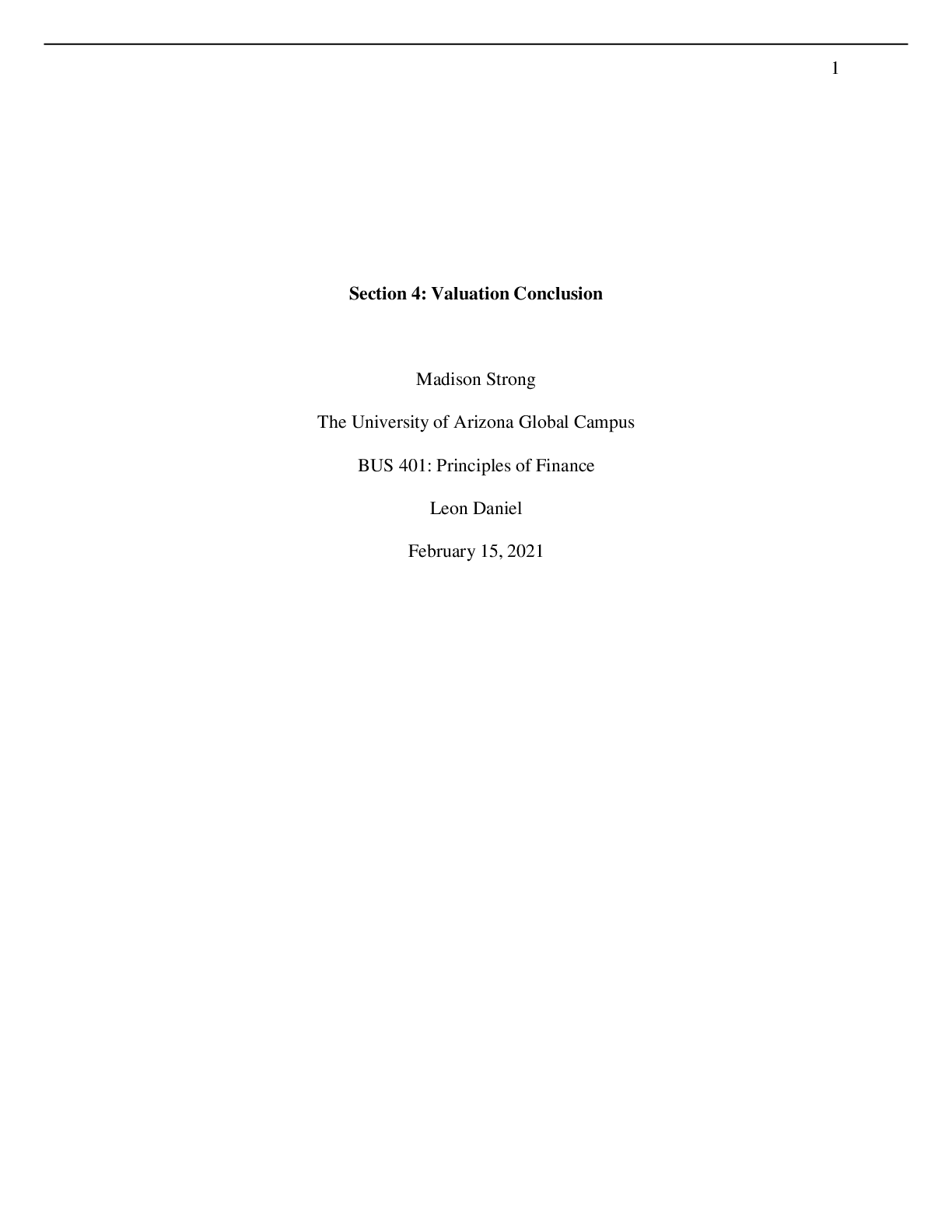 Summary Week 4 Assignment.docx Section 4: Valuation Conclusion The ...