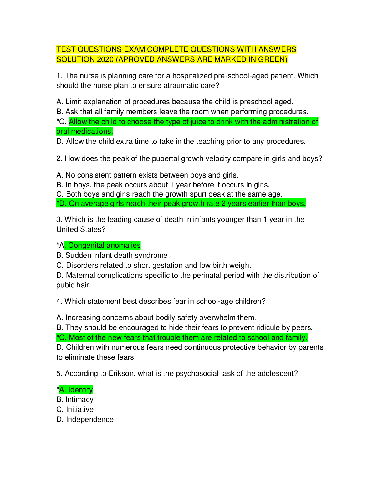 TEST QUESTIONS EXAM COMPLETE QUESTIONS WITH ANSWERS SOLUTION 2020 ...