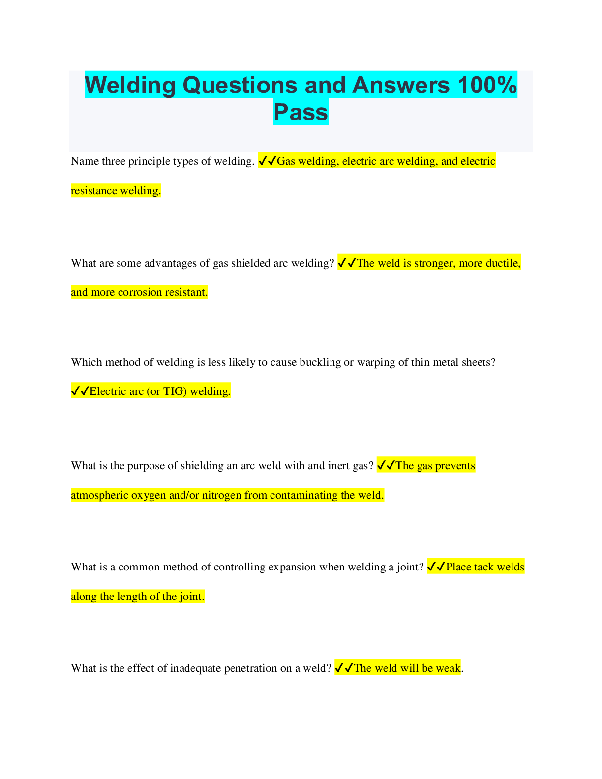Welding Questions and Answers 100% Pass - Scholarfriends