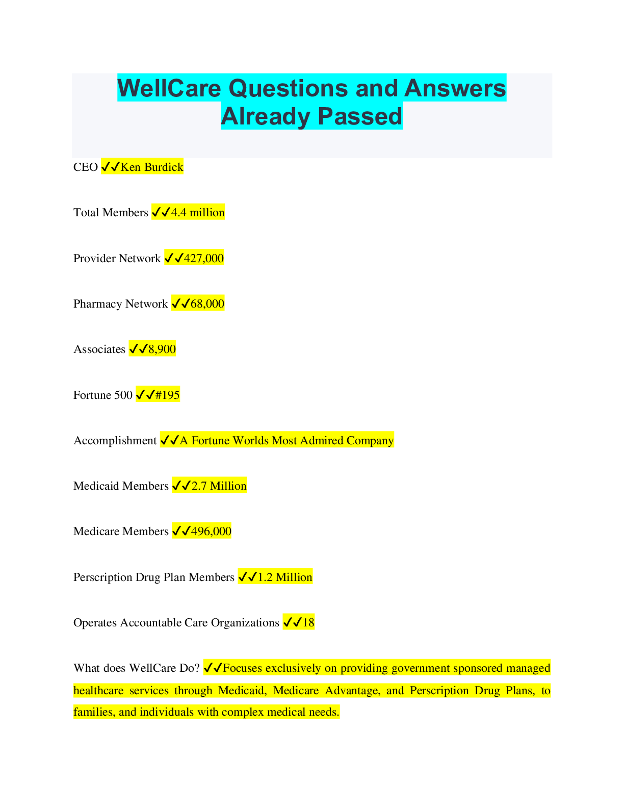 WellCare Questions and Answers Already Passed - Scholarfriends