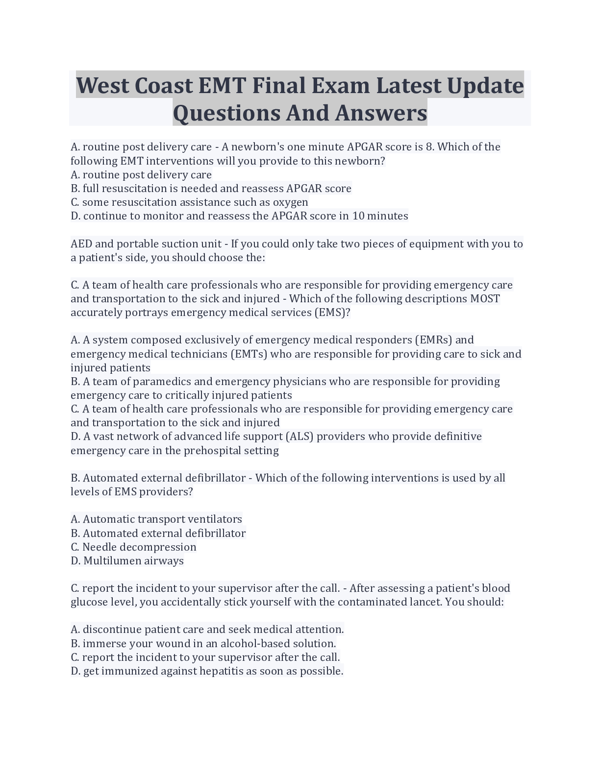 West Coast EMT Final Exam Latest Update Questions And Answers ...