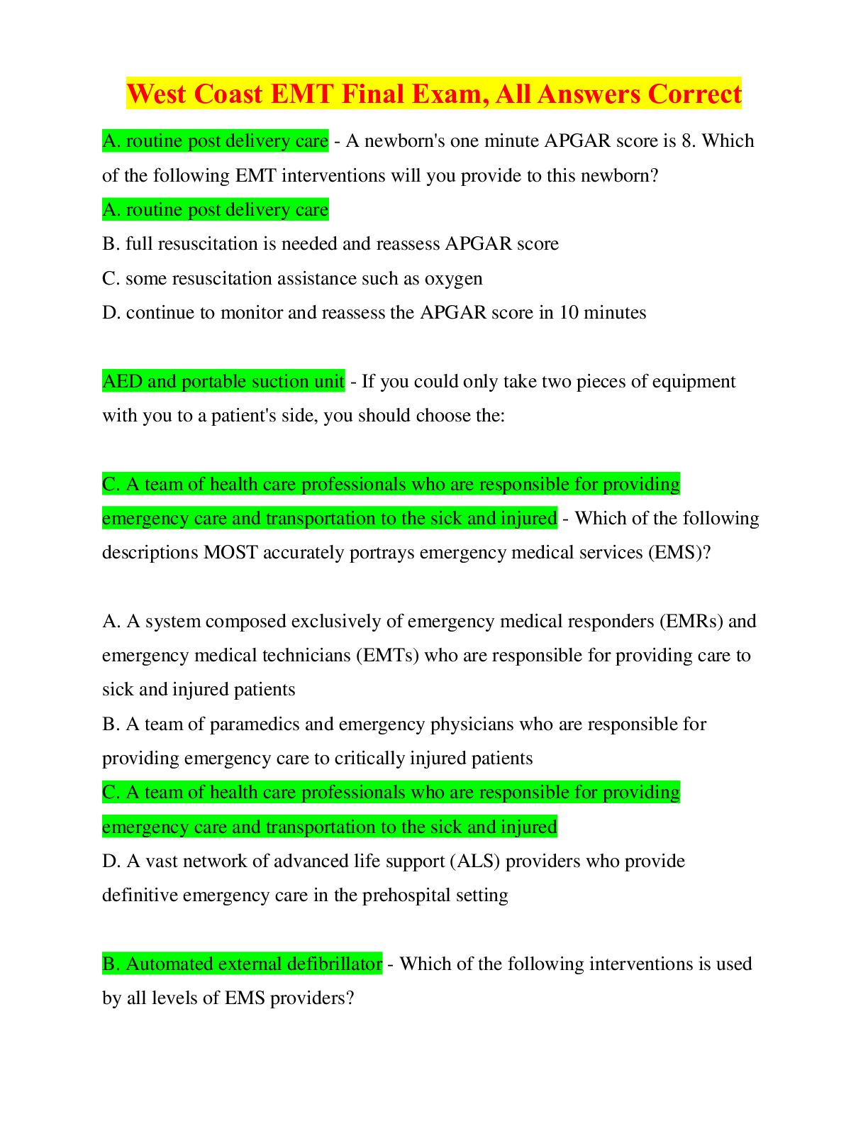West Coast EMT Final Exam, All Answers Correct - Scholarfriends