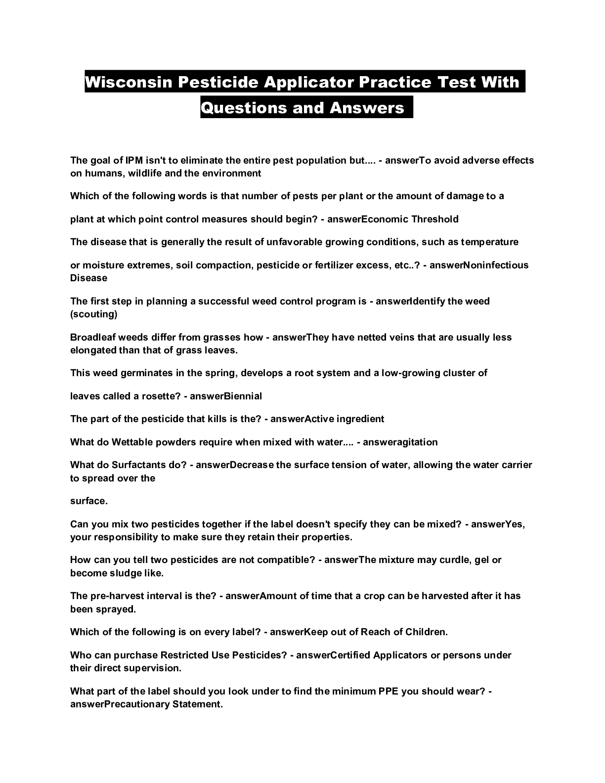 Wisconsin Pesticide Applicator Practice Test With Questions and Answers ...