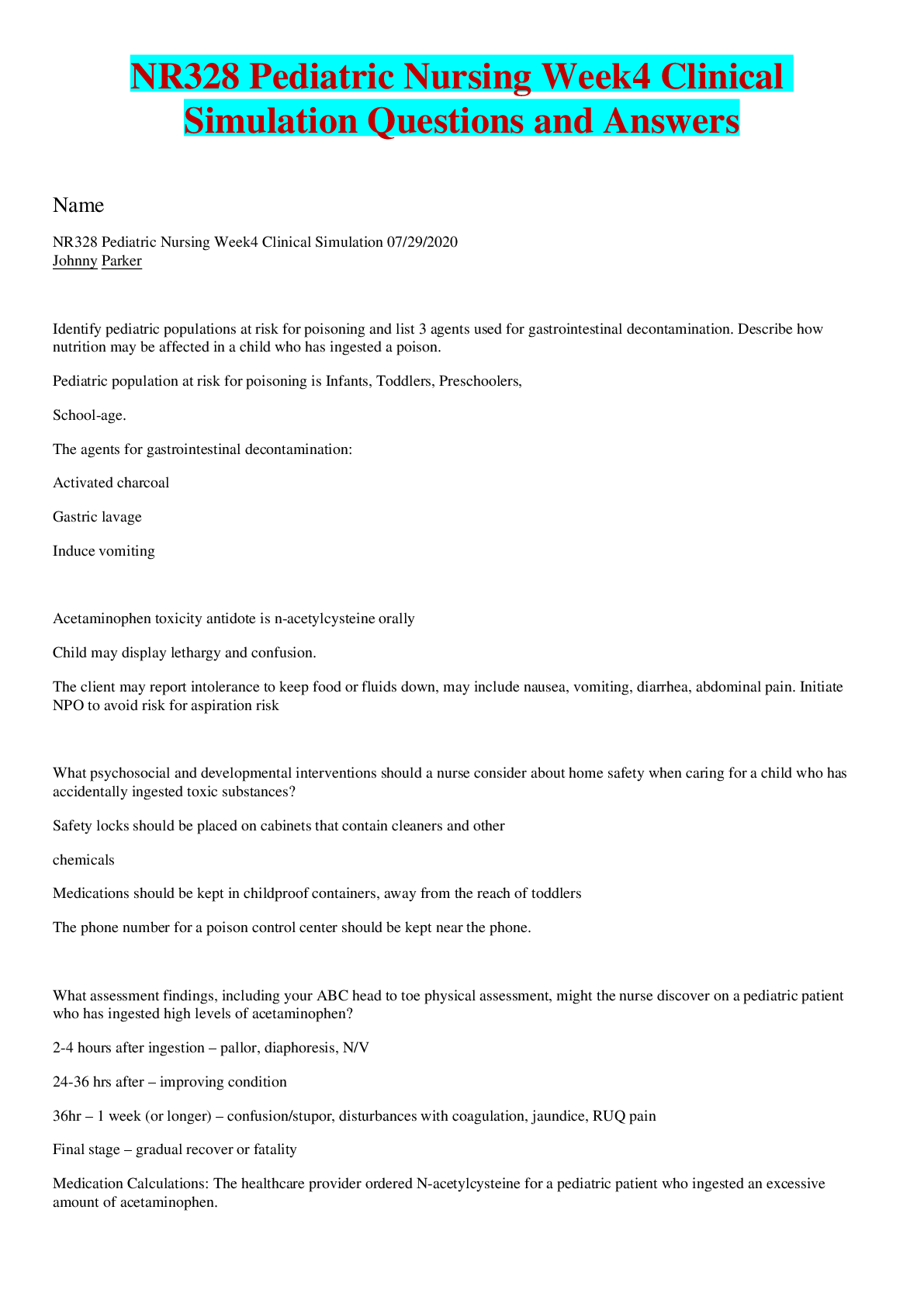 NR328 Pediatric Nursing Week4 Clinical Simulation Questions and Answers ...