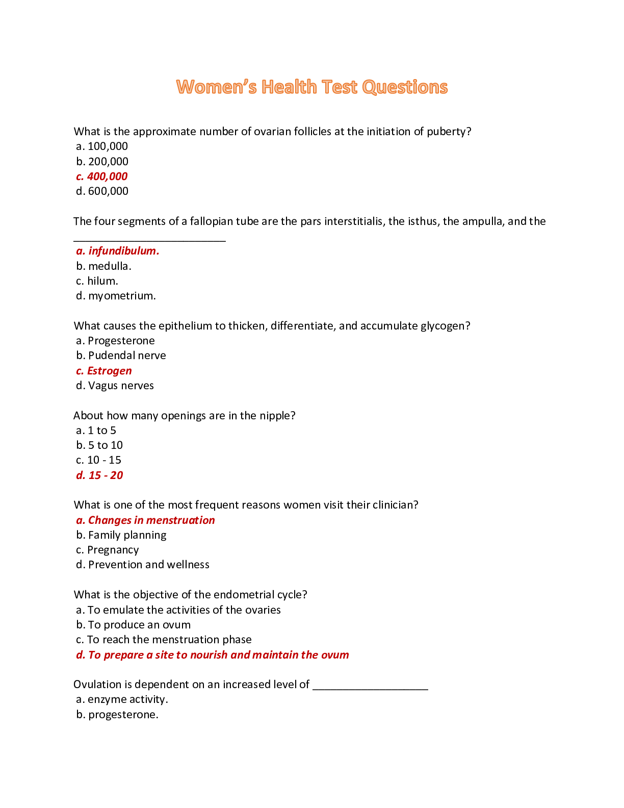 Women’s Health Test Questions - Questions and Answers – Scholarfriends ...