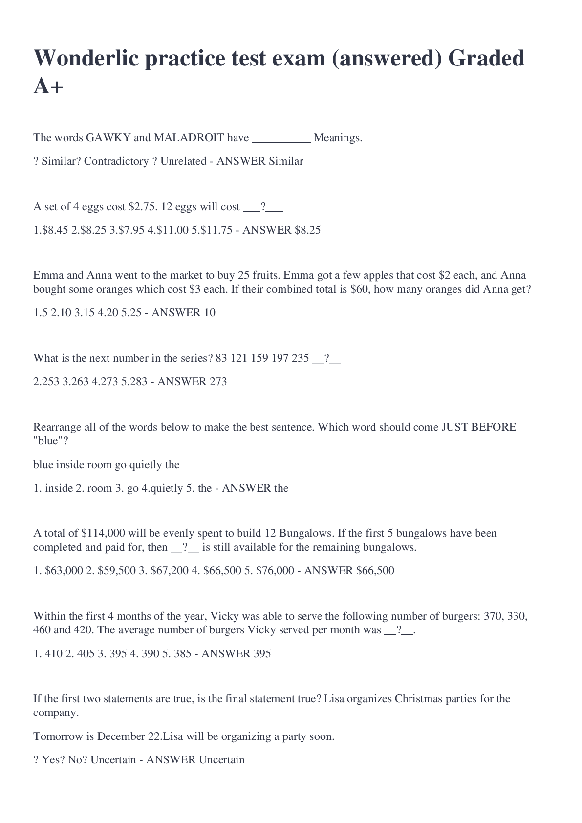 Wonderlic practice test exam (answered) Graded A+ - Scholarfriends