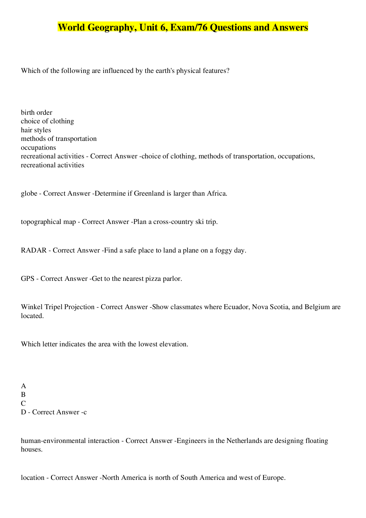 World Geography, Unit 6, Exam/76 Questions and Answers - Scholarfriends