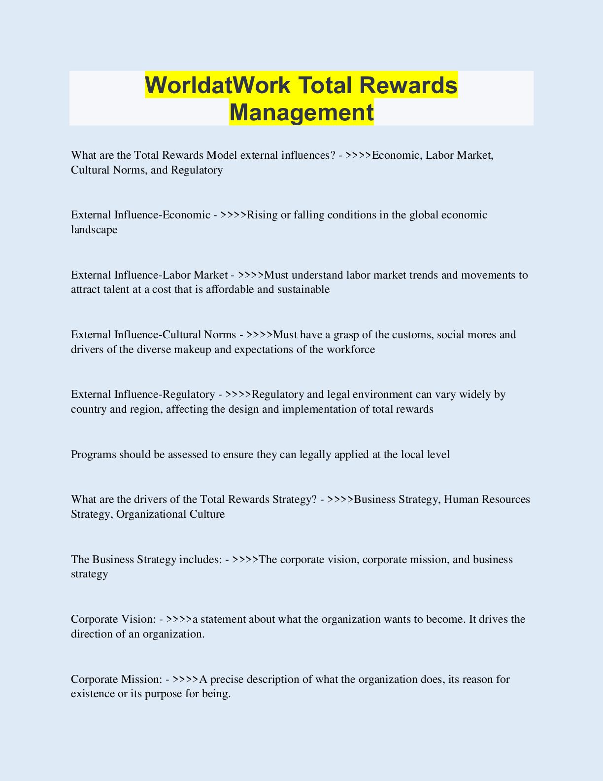 WorldatWork Total Rewards Management | 70 Questions with 100% Correct ...