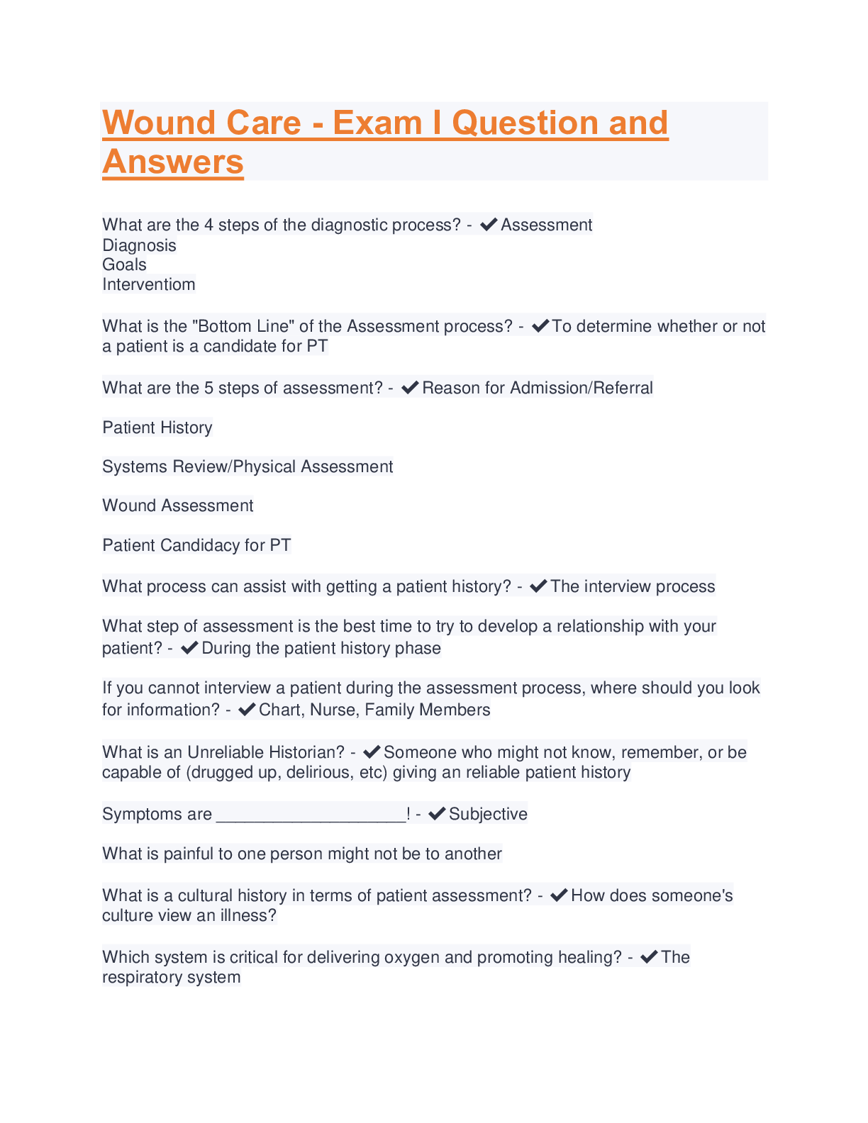 Wound Care - Exam I Question and Answers - Scholarfriends