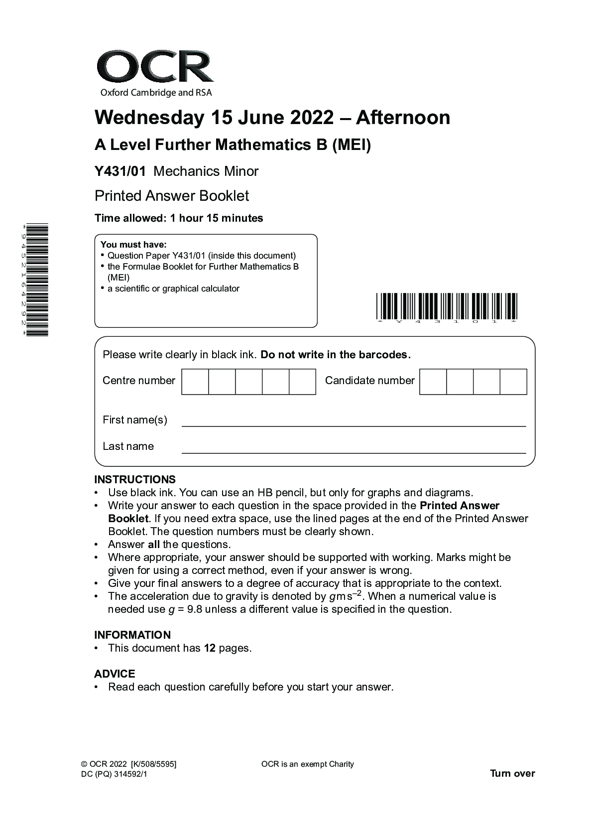OCR A LEVEL JUNE 2022 FURTHER MATHS B -MECHANICS MINOR - ANSWER BOOKLET ...