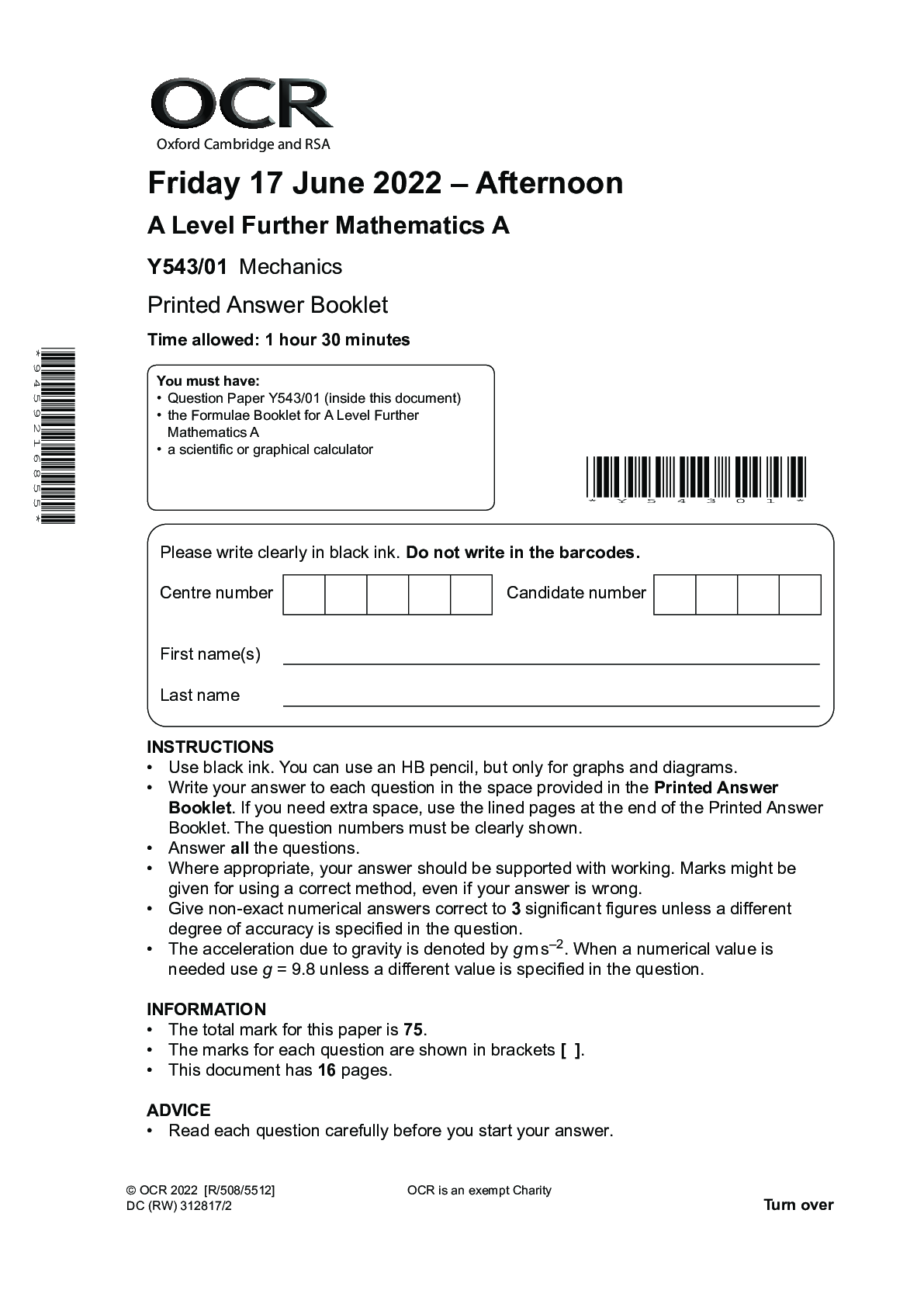OCR A LEVEL JUNE 2022 FURTHER MATHS A MECHANICS ANSWER BOOKLET ...